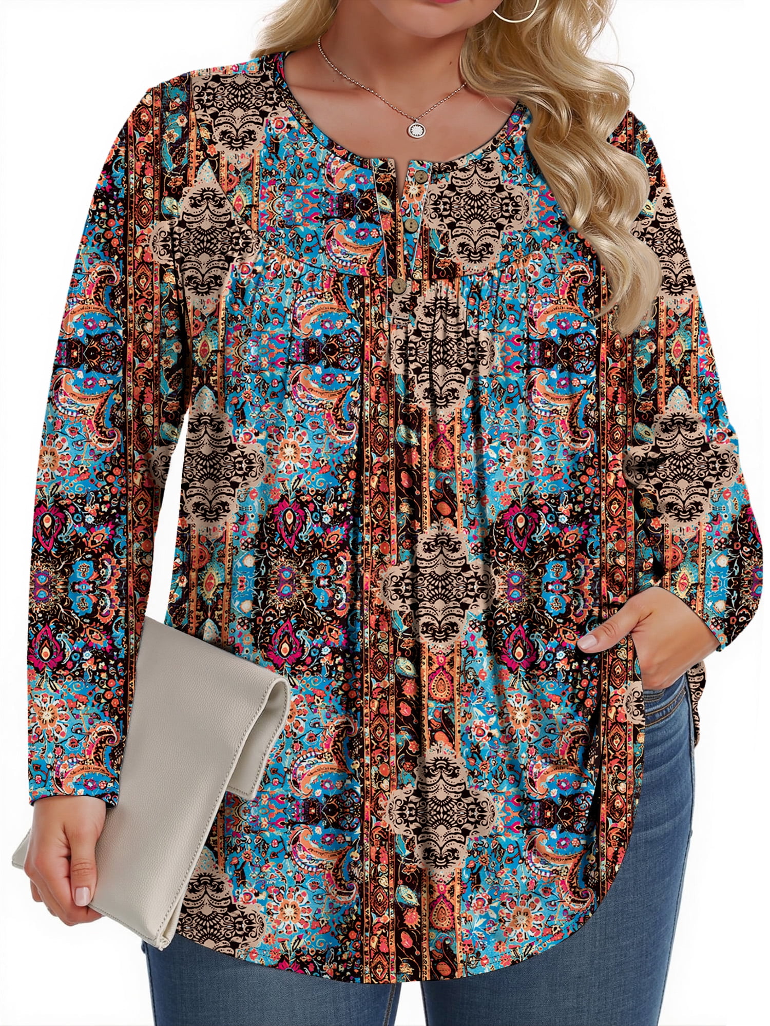 Fantaslook Plus Size Womens Blouses Long Sleeve Floral Tunic Tops ...