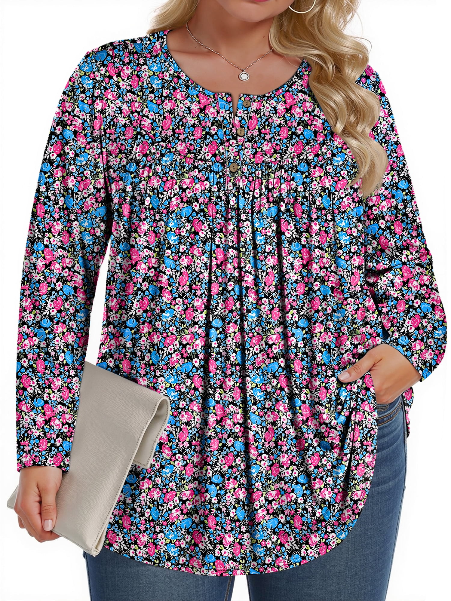 Fantaslook Plus Size Womens Blouses Long Sleeve Floral Tunic Tops ...