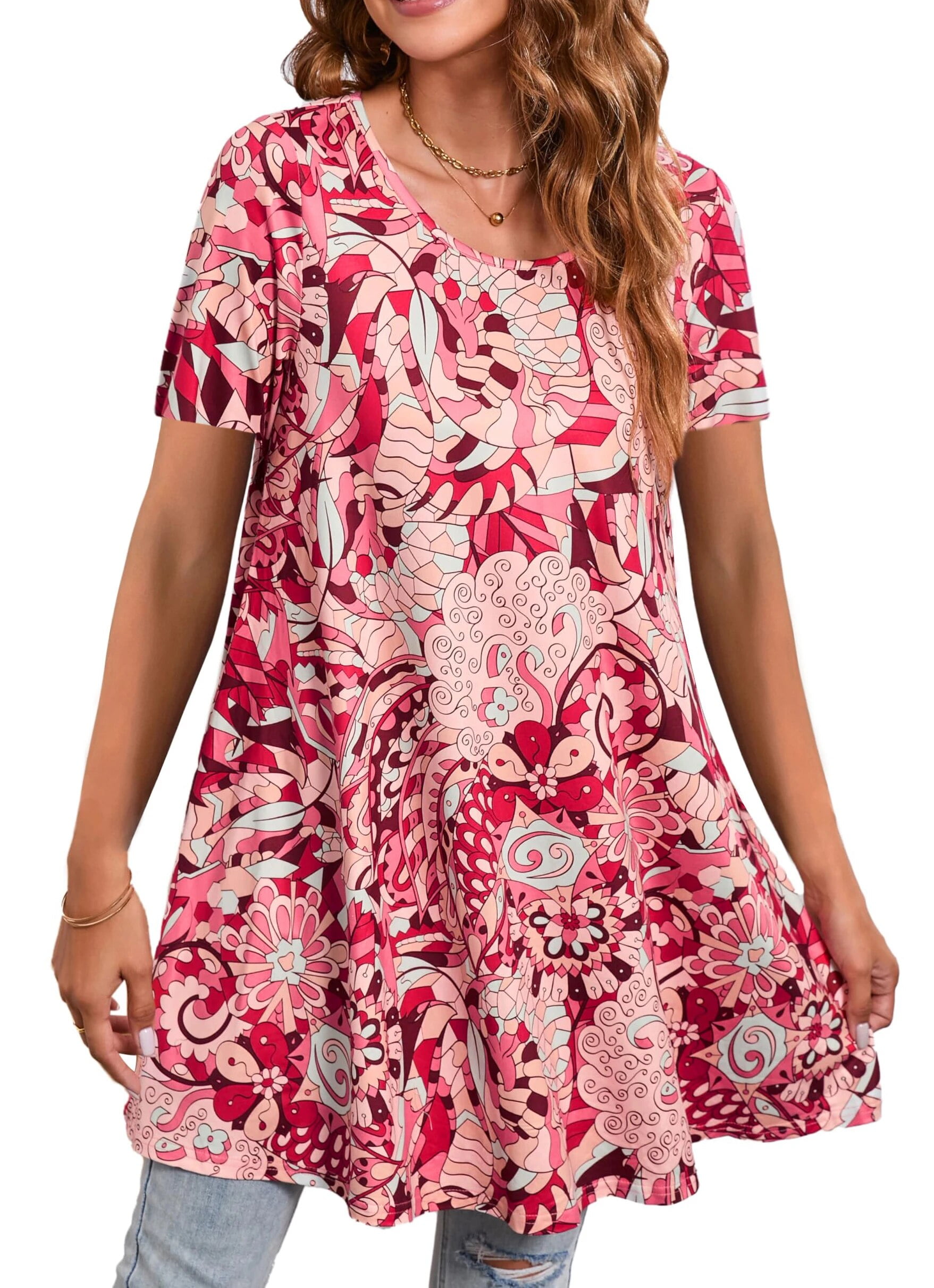 Fantaslook Casual Floral Plus Size Swing Tunic Tops with Short Sleeves ...