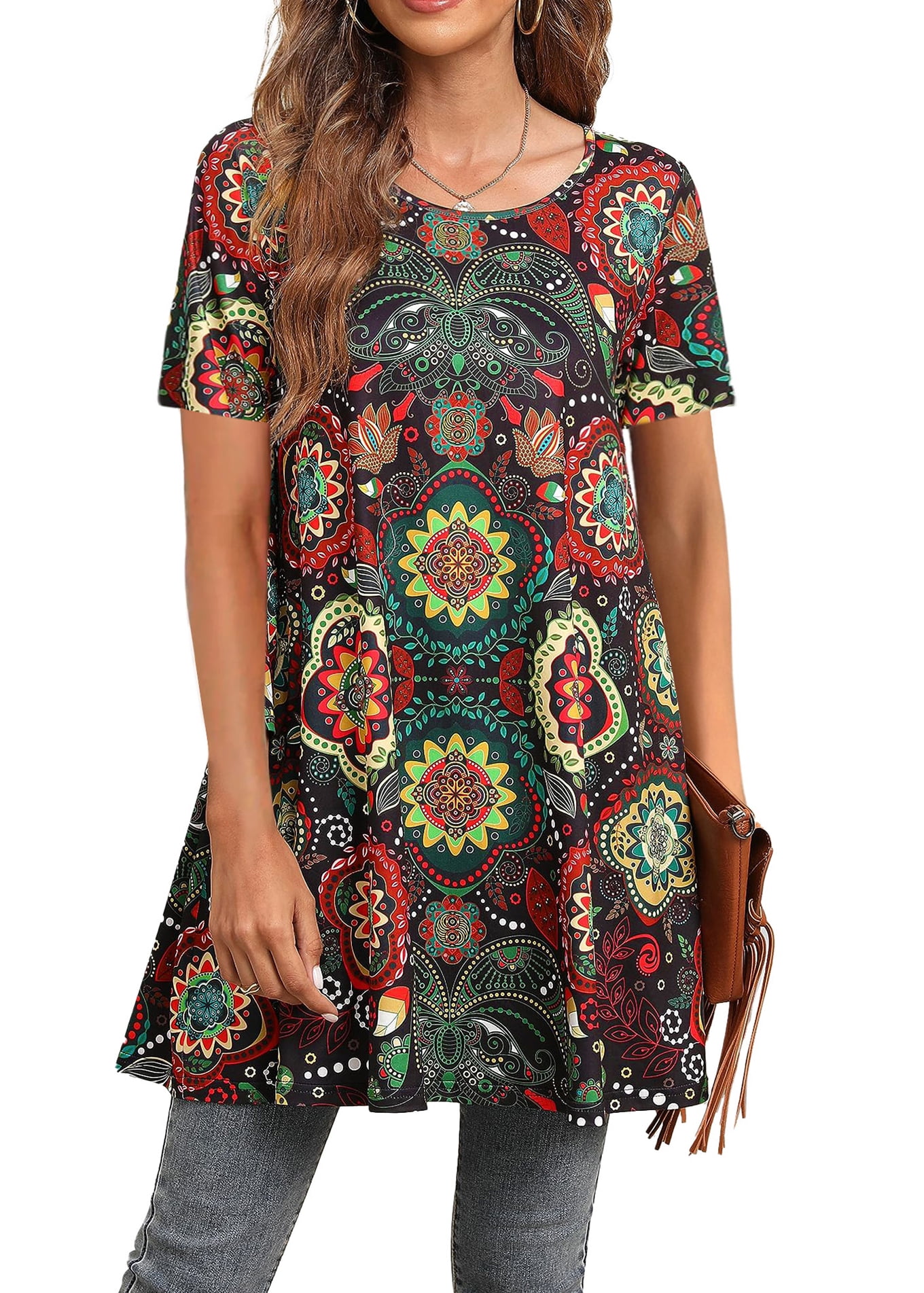 Fantaslook Plus Size Women's Tunic Tops, Short Sleeve Floral Shirts ...