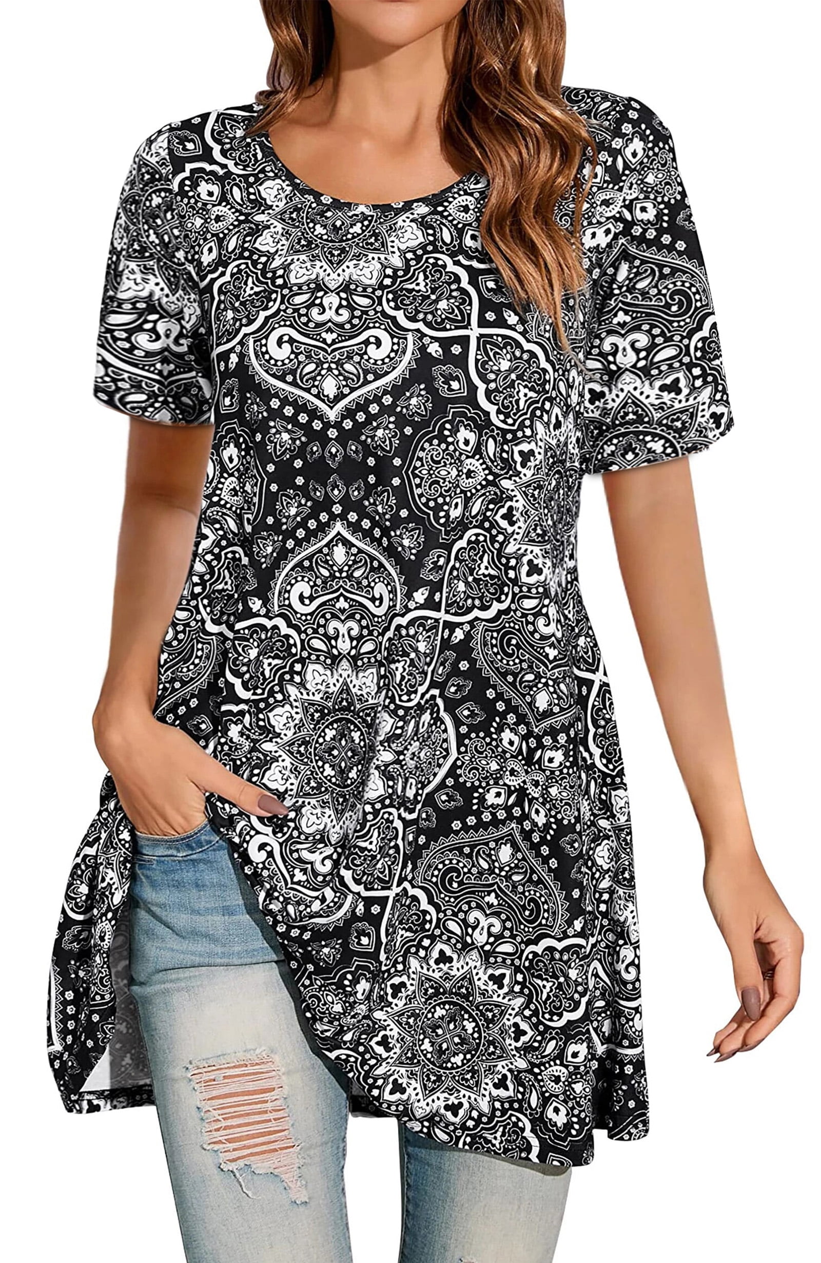 Fantaslook Plus Size Womens Tunic Tops Short Sleeve Casual Floral ...