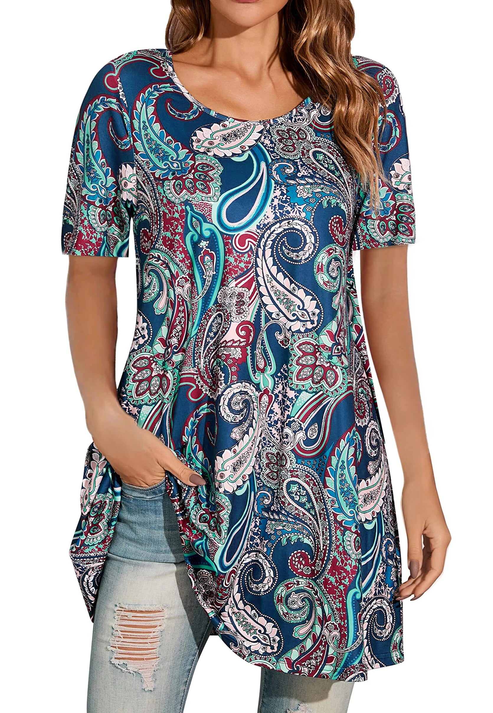 Fantaslook Plus Size Floral Tunic Tops, Short Sleeve, Stretchy Boho ...