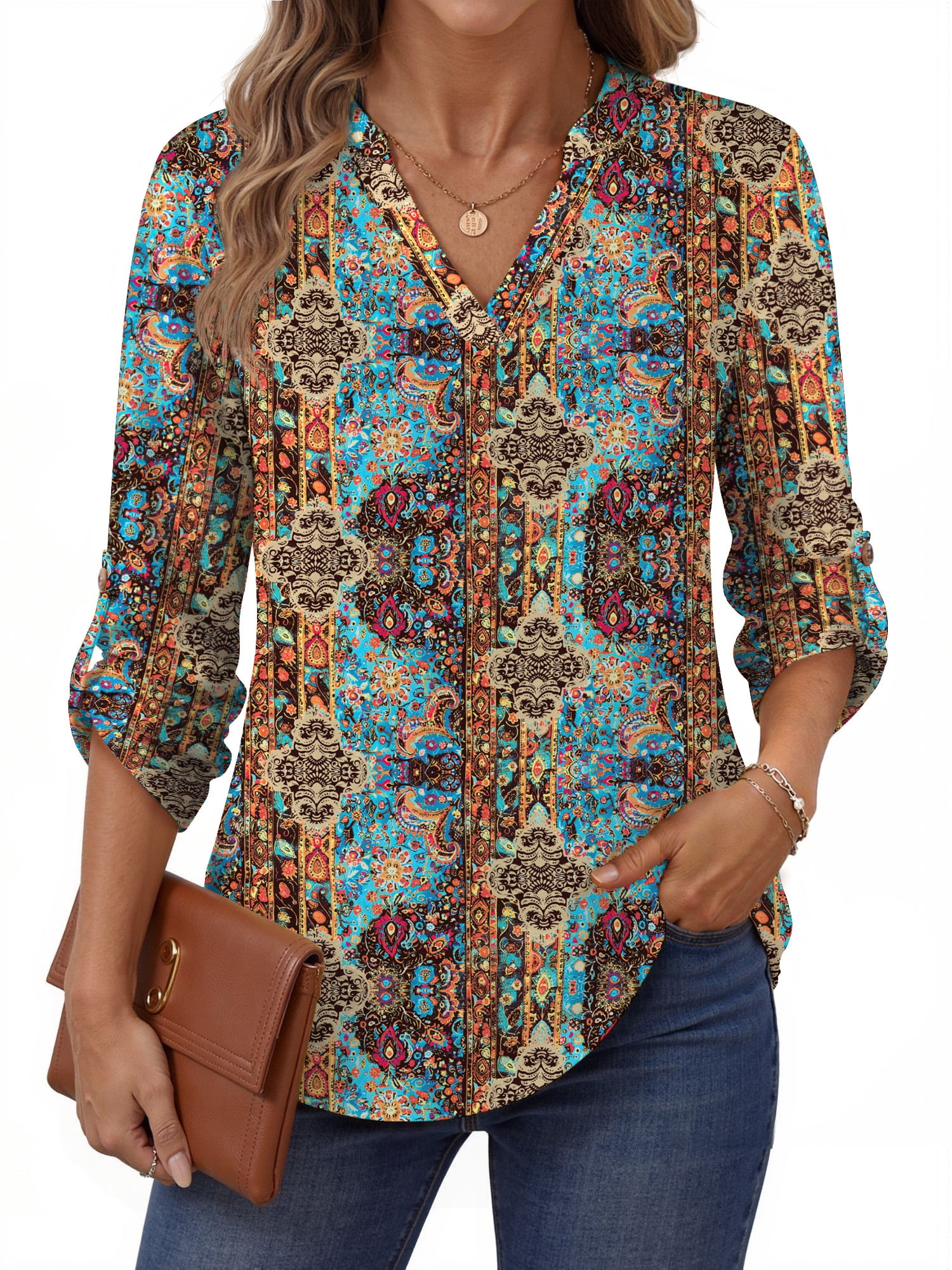 Fantaslook Roll Up Blouses for Women Dressy Casual Long Sleeve Tunic ...