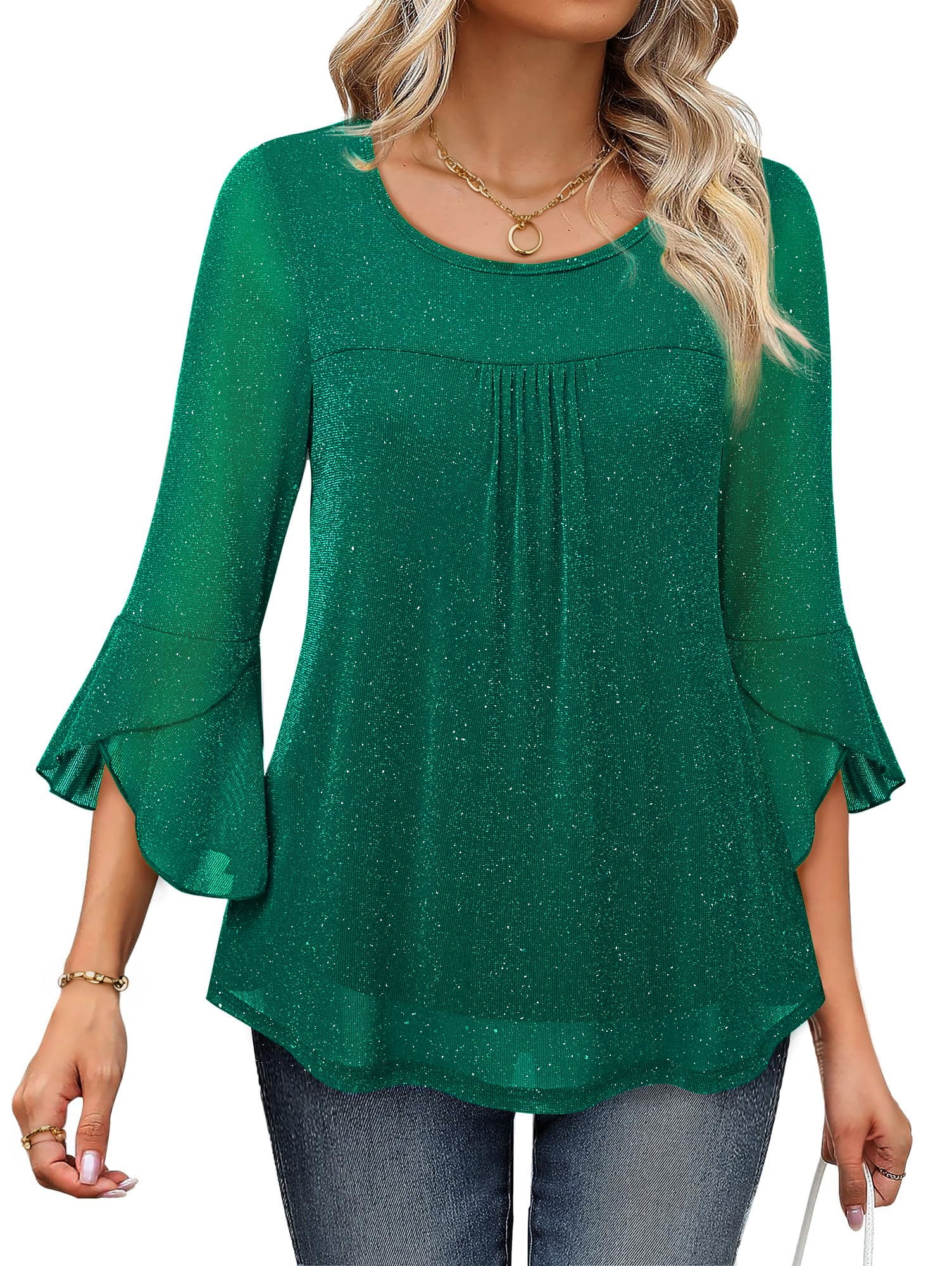 Fantaslook Ruffle 3/4 Sleeve Dressy Blouses for Women Glitter Double ...