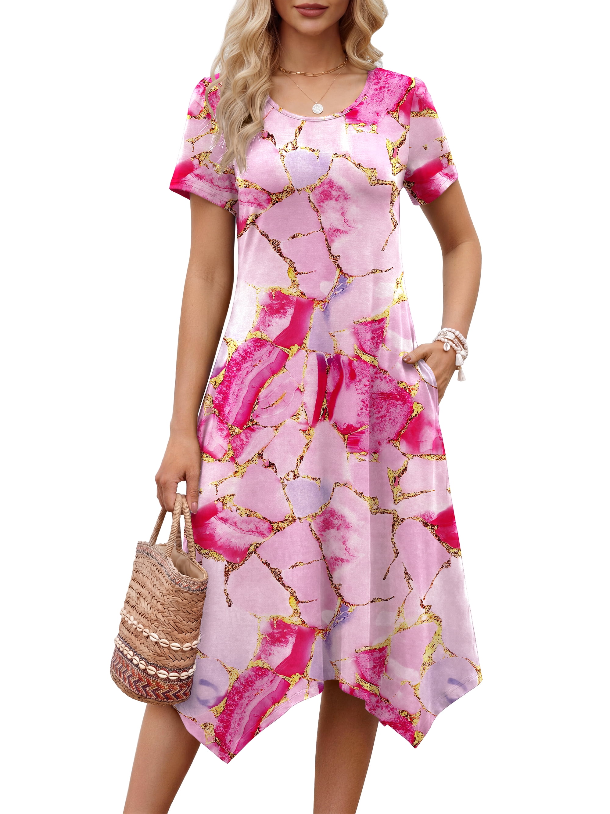 Fantaslook Short Sleeve Dresses for Women Floral Asymmetrical Hem Dress ...