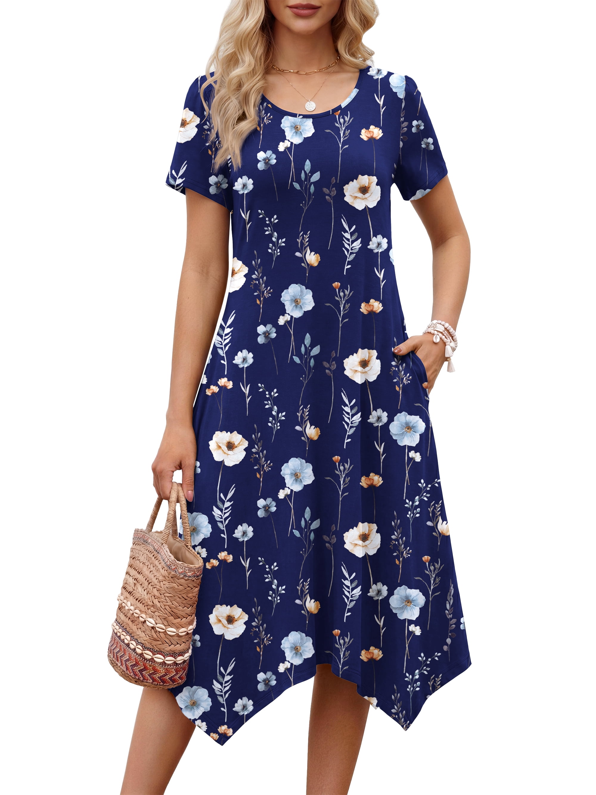Fantaslook Short Sleeve Dresses for Women Floral Asymmetrical Hem Dress ...
