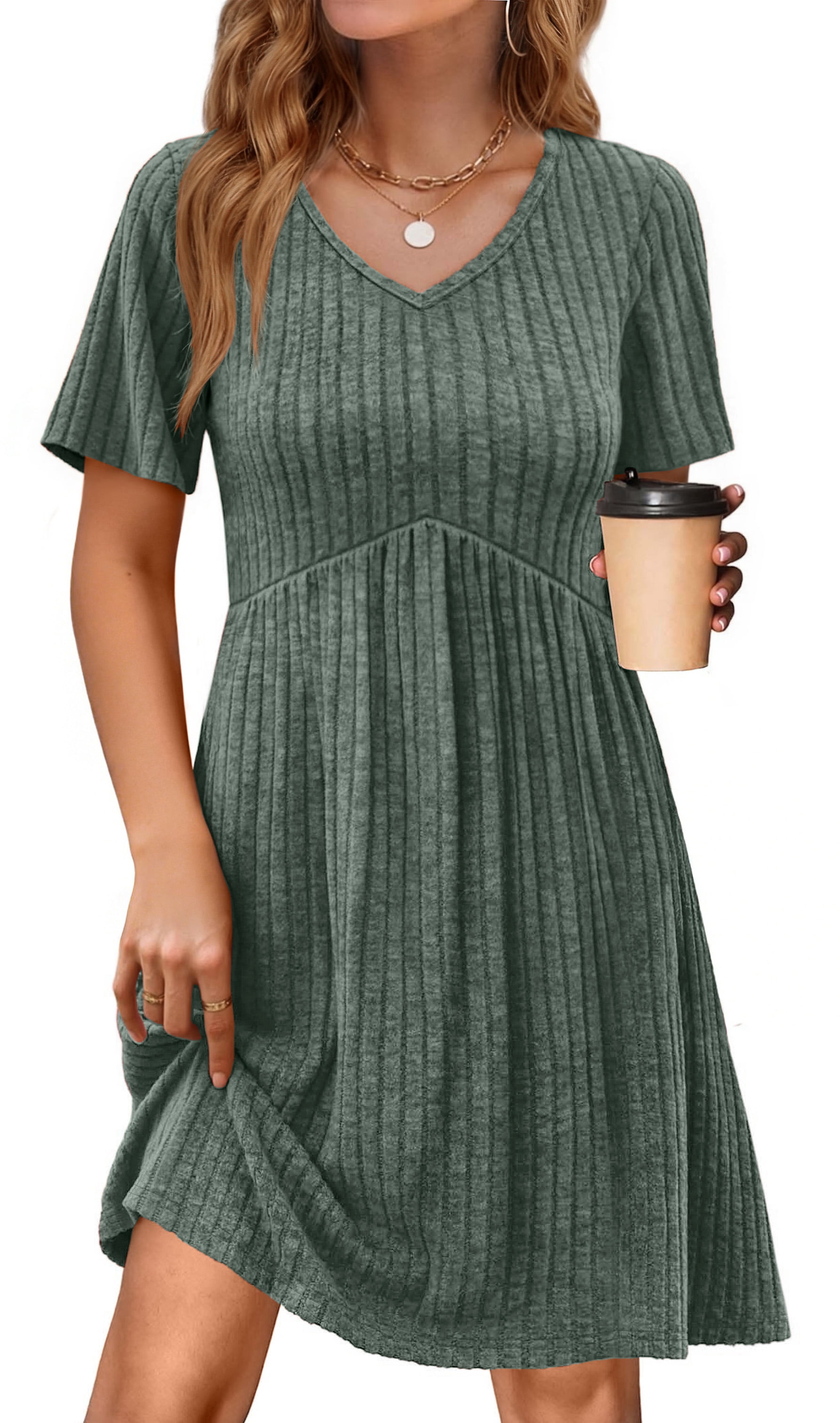 Fantaslook Short Sleeve Dresses for Women V Neck Summer Midi Dresses ...