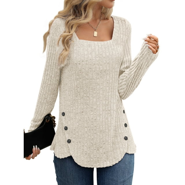 Fantaslook Square Neck Tops for Women Long Sleeve Dressy Blouses Button ...