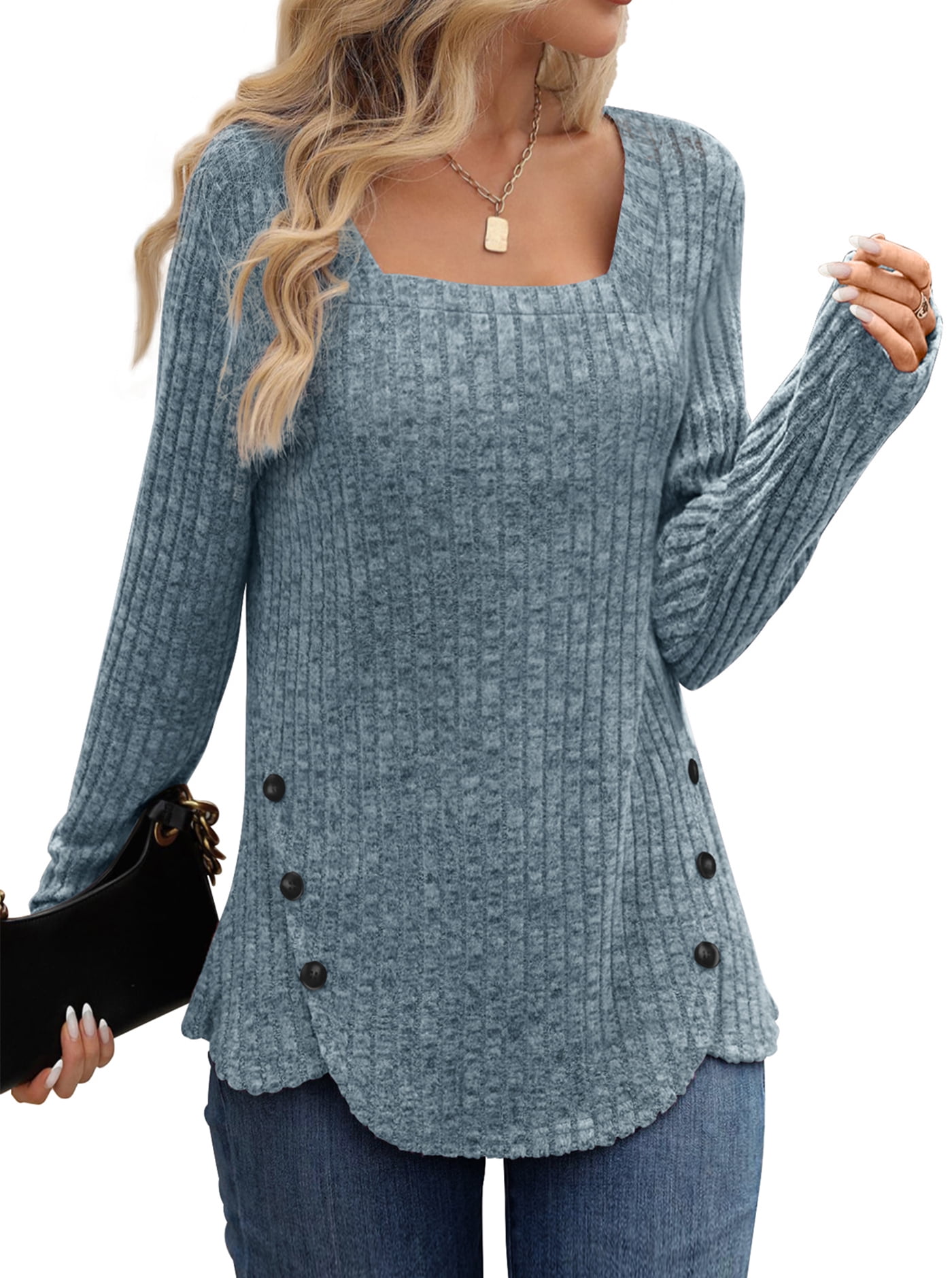 Fantaslook Square Neck Tops for Women Long Sleeve Dressy Blouses Button ...
