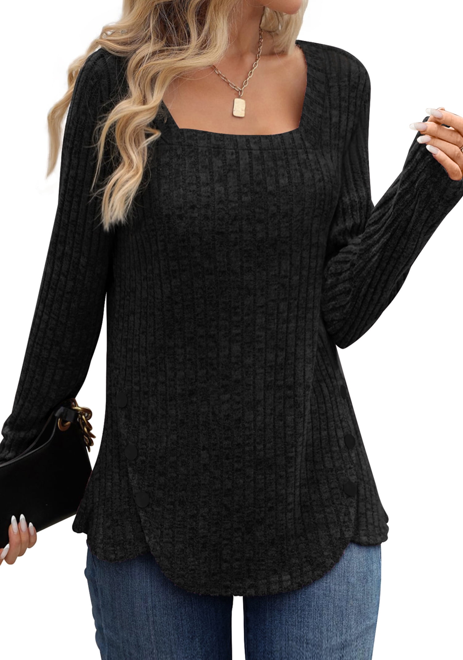 Fantaslook Square Neck Tops for Women Long Sleeve Dressy Blouses Button ...