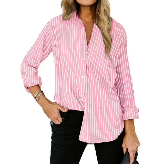 Fantaslook Striped Button Down Shirts for Women Classic Long Sleeve Collared Office Work Blouses ...