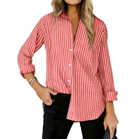 Fantaslook Striped Button Down Shirts for Women Classic Long Sleeve Collared Office Work Blouses ...