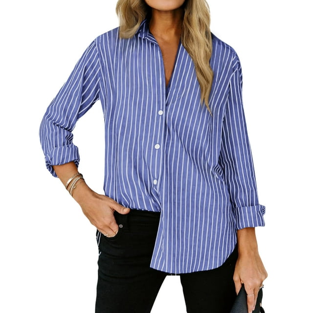 Fantaslook Striped Button Down Shirts for Women Classic Long Sleeve Collared Office Work Blouses ...