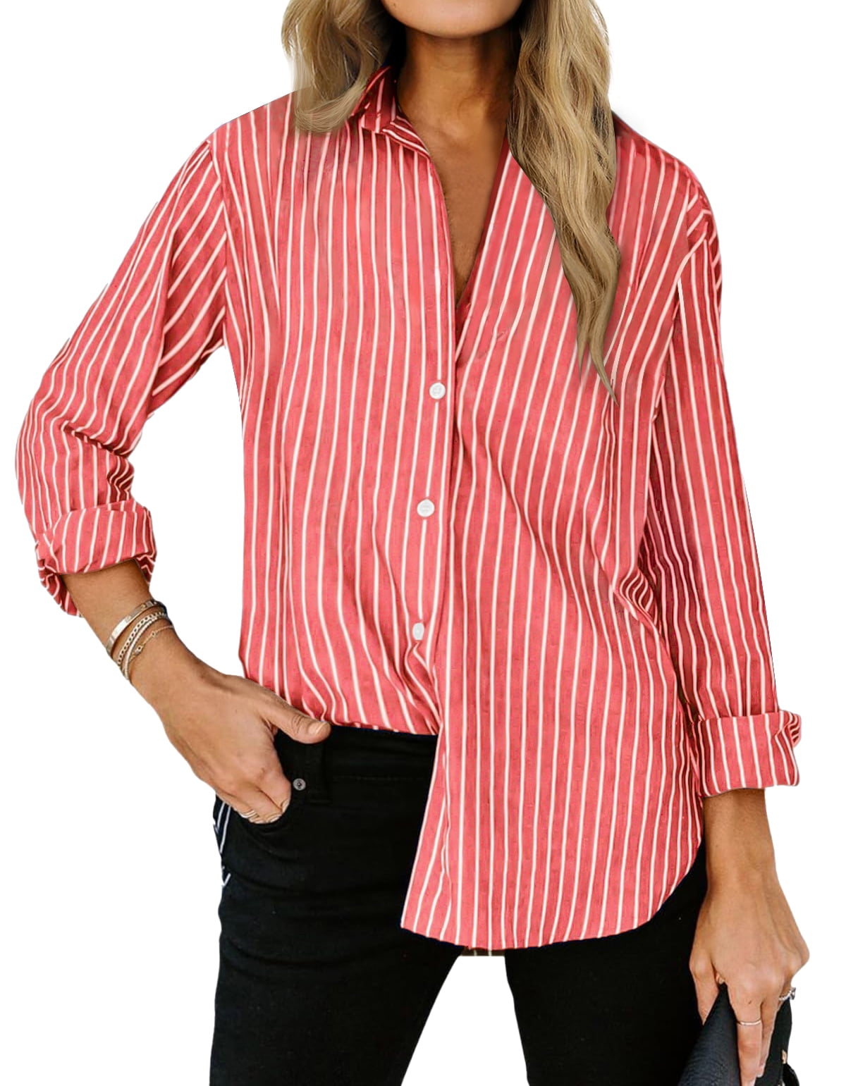 Fantaslook Striped Button Down Shirts for Women Classic Long Sleeve ...