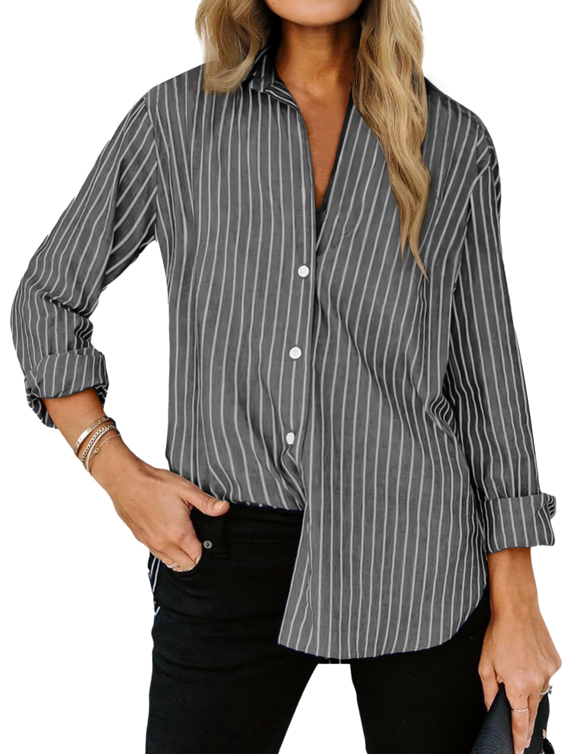 Fantaslook Striped Button Down Shirts for Women Classic Long Sleeve Collared Office Work Blouses ...