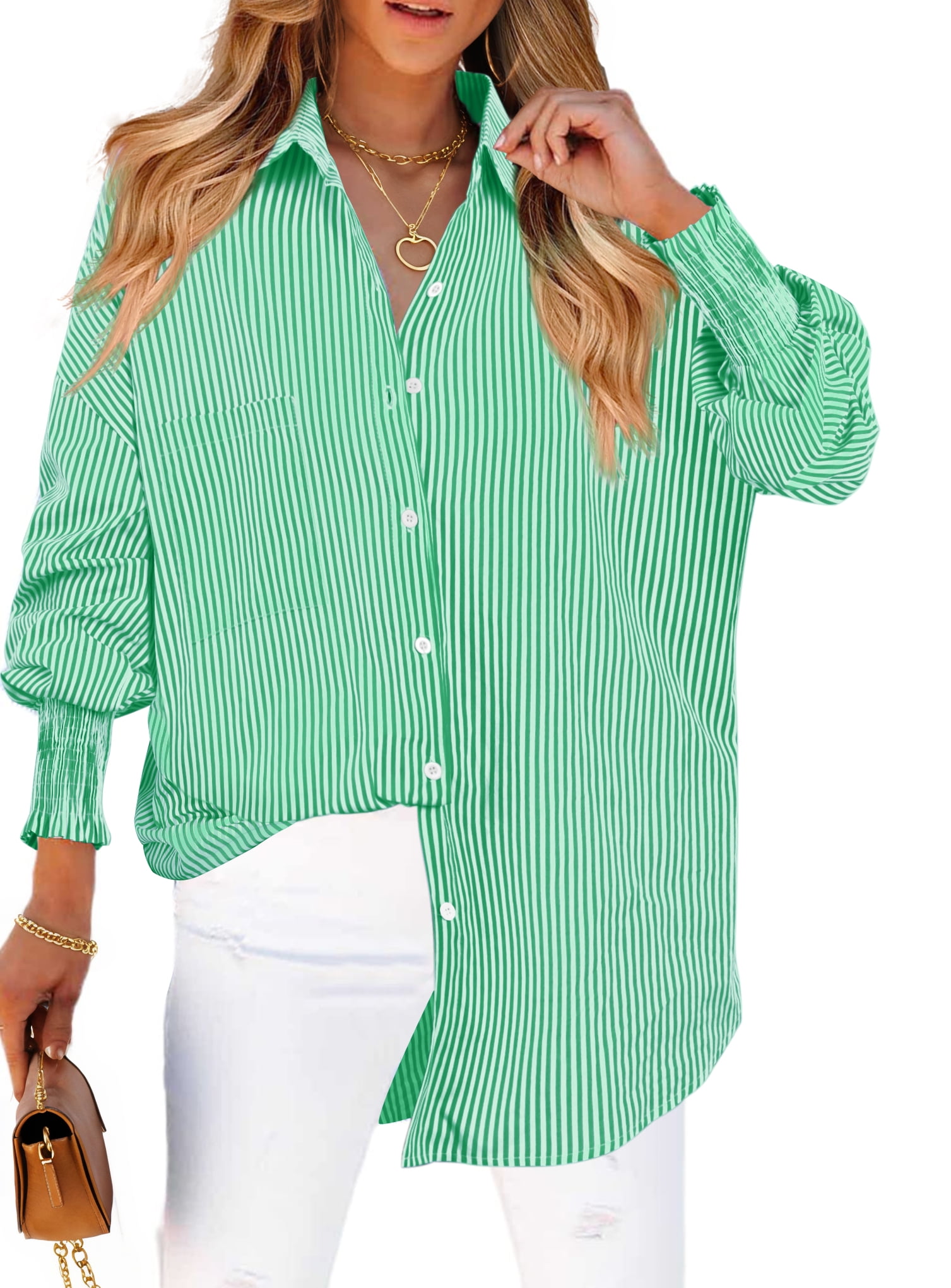 Fantaslook Striped Button Down Shirts for Women, Smocked Cuffed Long Sleeve Blouse, Casual Tops ...