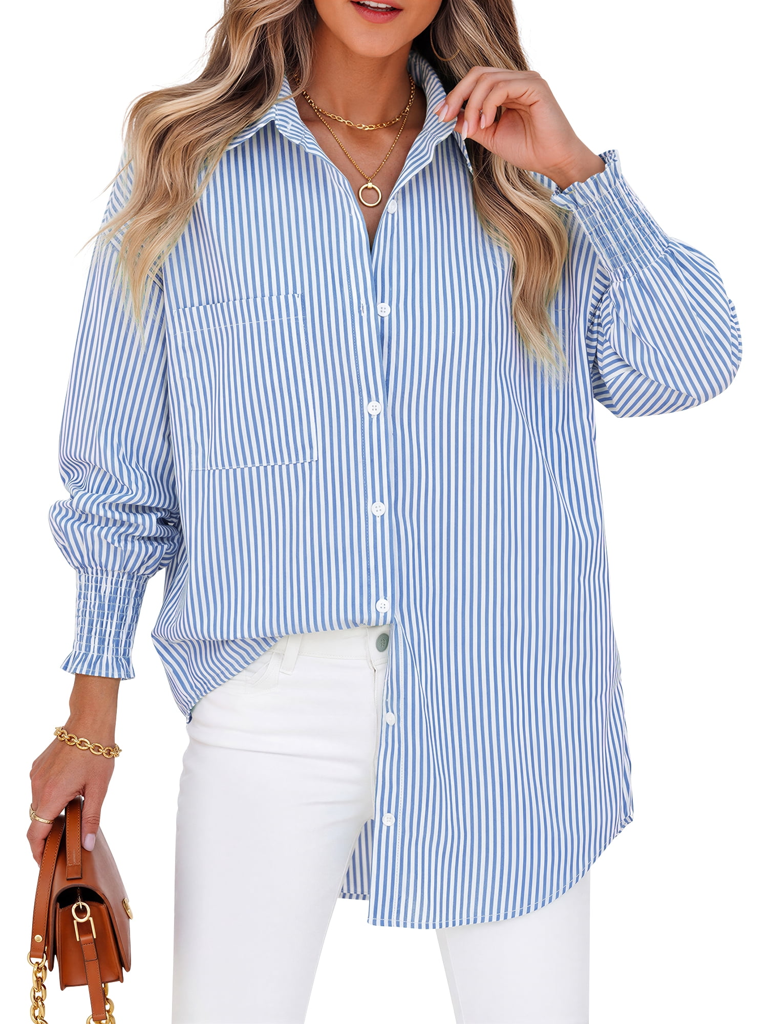 Fantaslook Striped Button Down Shirt, Smocked Cuffed, Long Sleeve ...