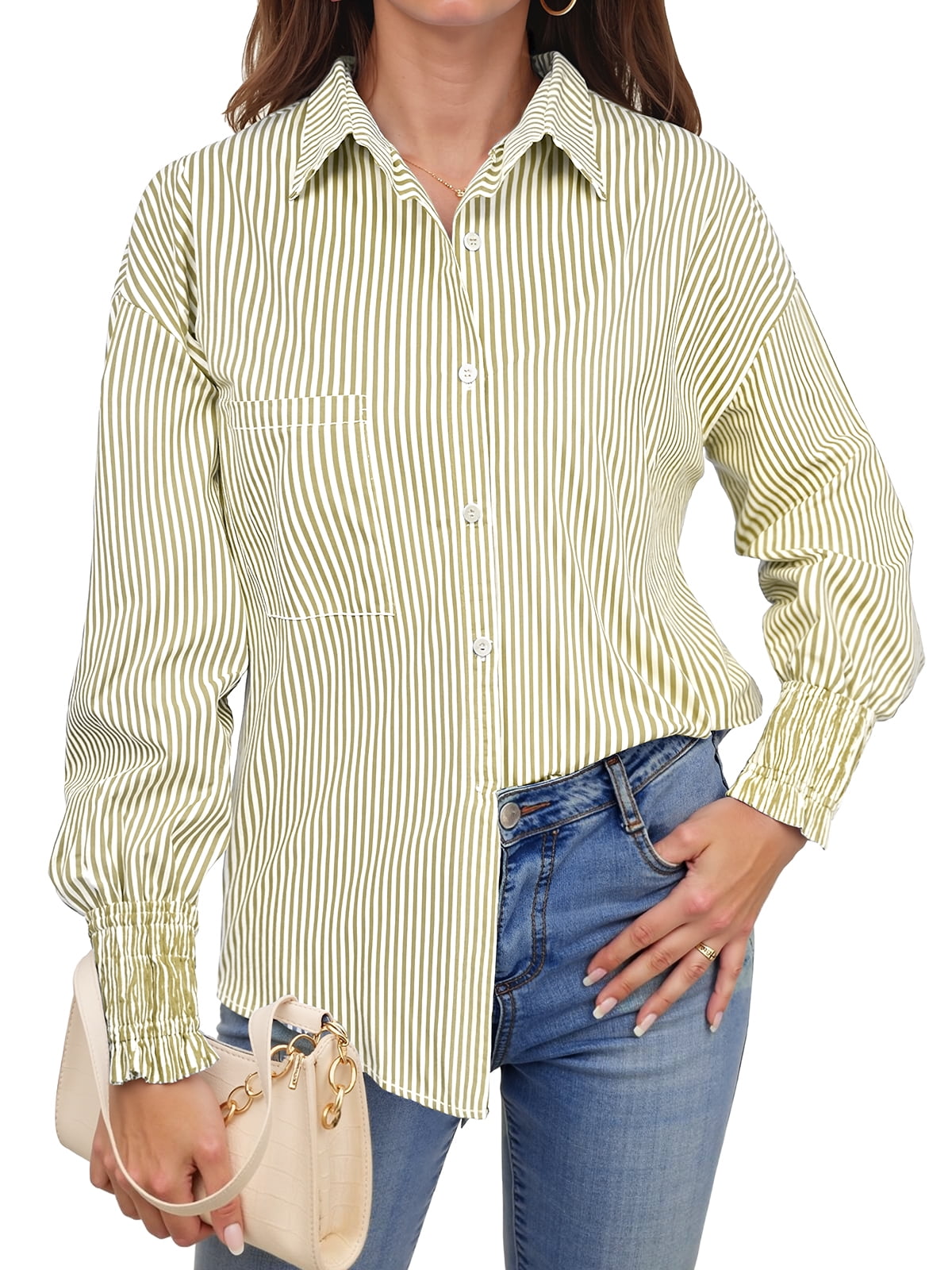Fantaslook Striped Button Down Shirts for Women Smocked Cuffed Trendy ...