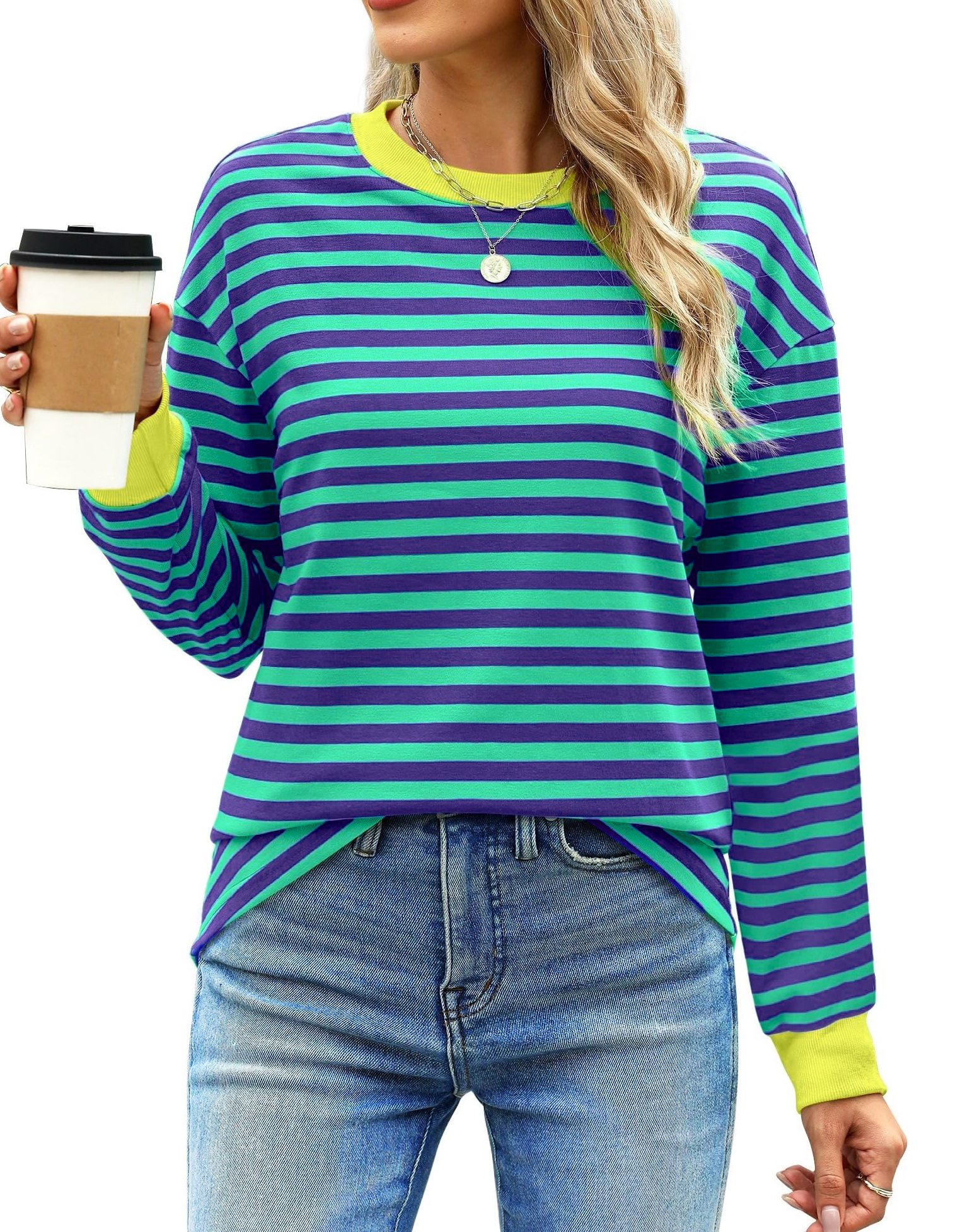 Women's Cotton Blend Round Neck Long Sleeves Color Block Tunic Shirt ...