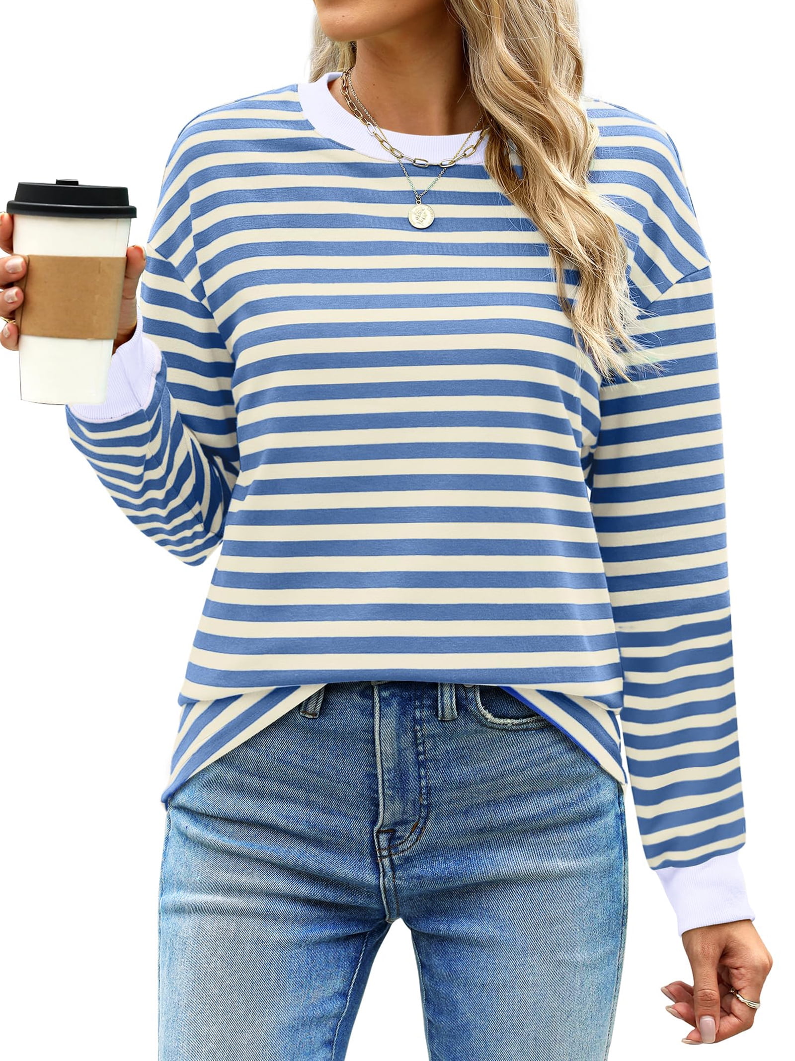 Fantaslook Striped Long Sleeve Shirts for Women Crewneck Tunic Tops ...