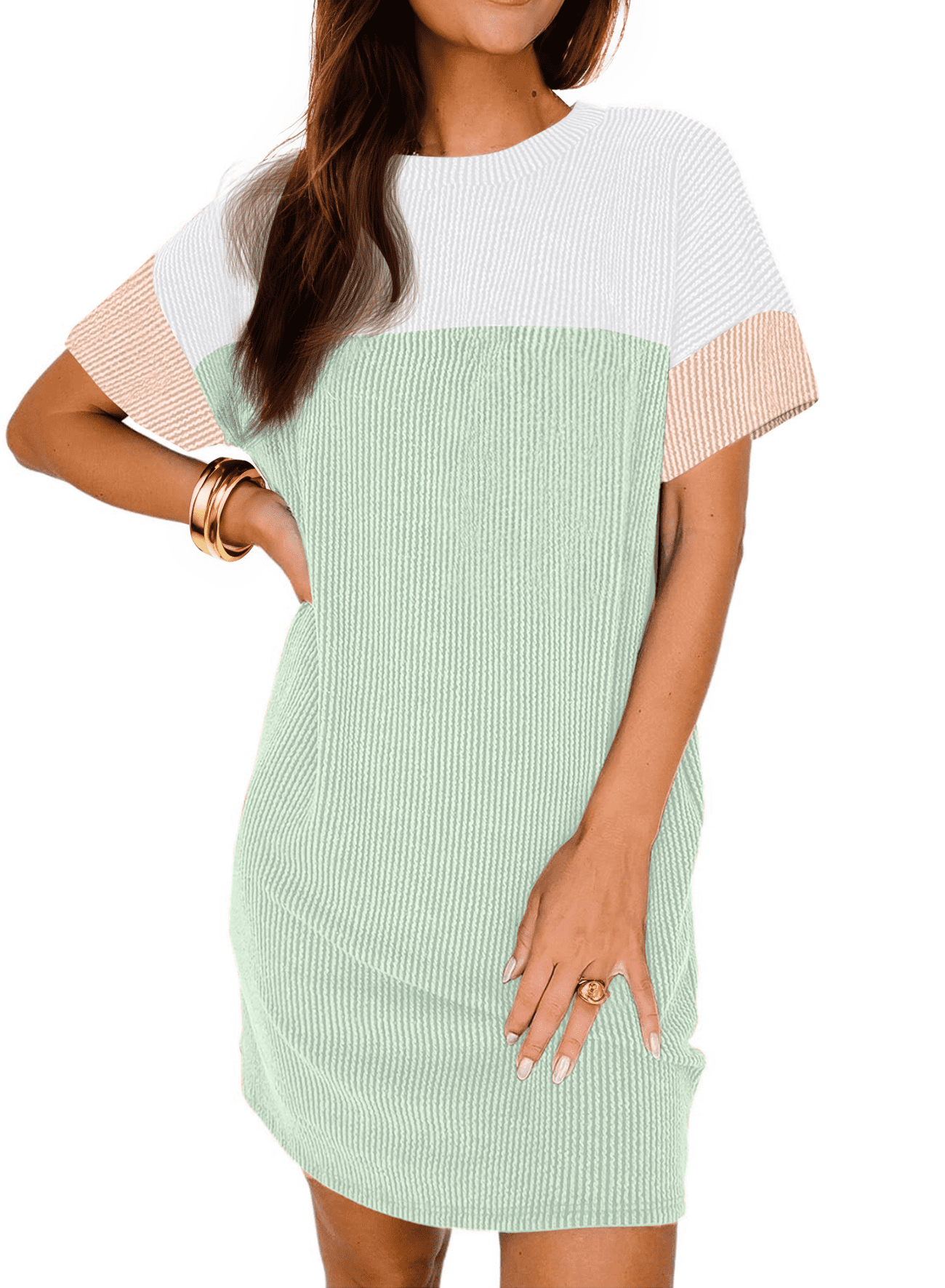 Fantaslook Summer Color Block Dresses for Women Crewneck Short Sleeve T ...