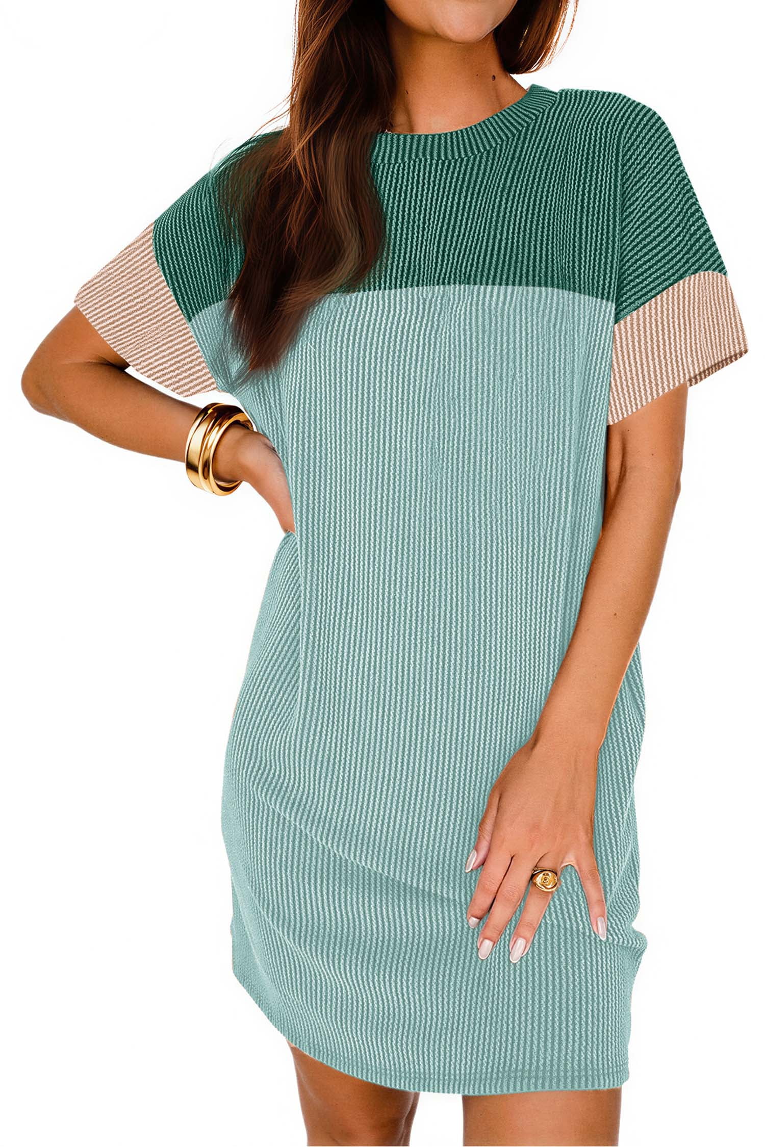 Fantaslook Summer Color Block Dresses, Crewneck Short Sleeve T-Shirt ...