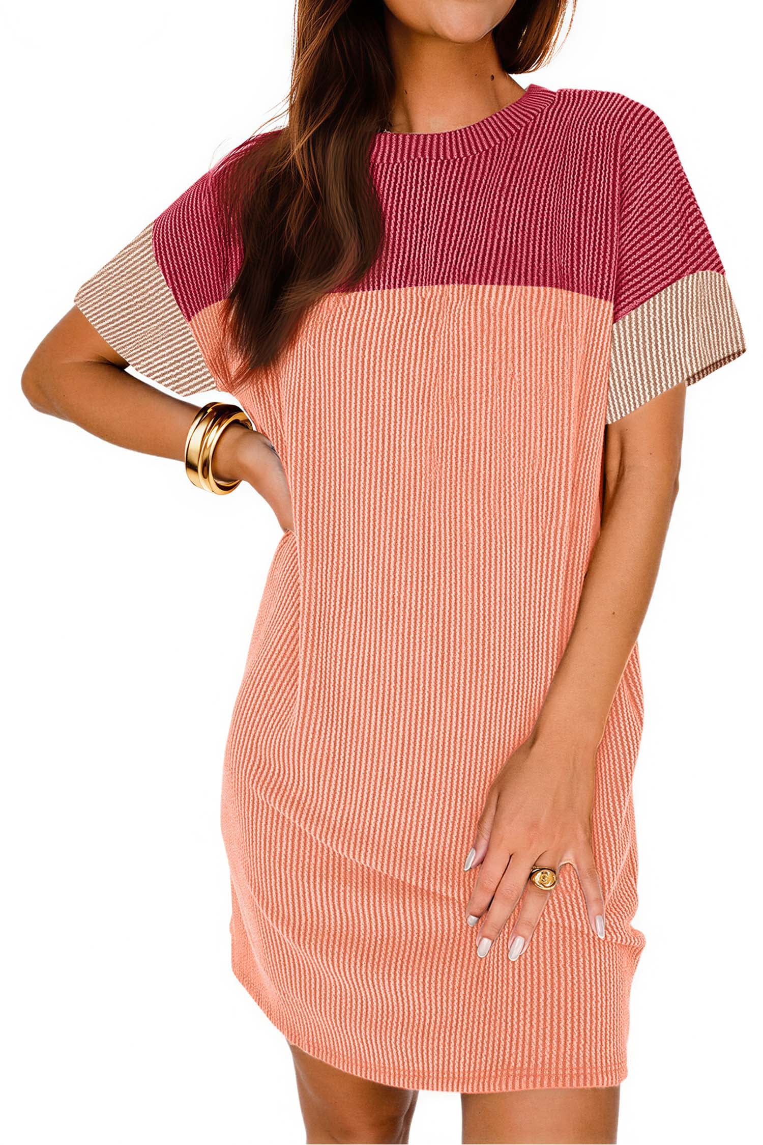 Fantaslook Summer Color Block Ribbed Dresses for Women, Crewneck Short ...