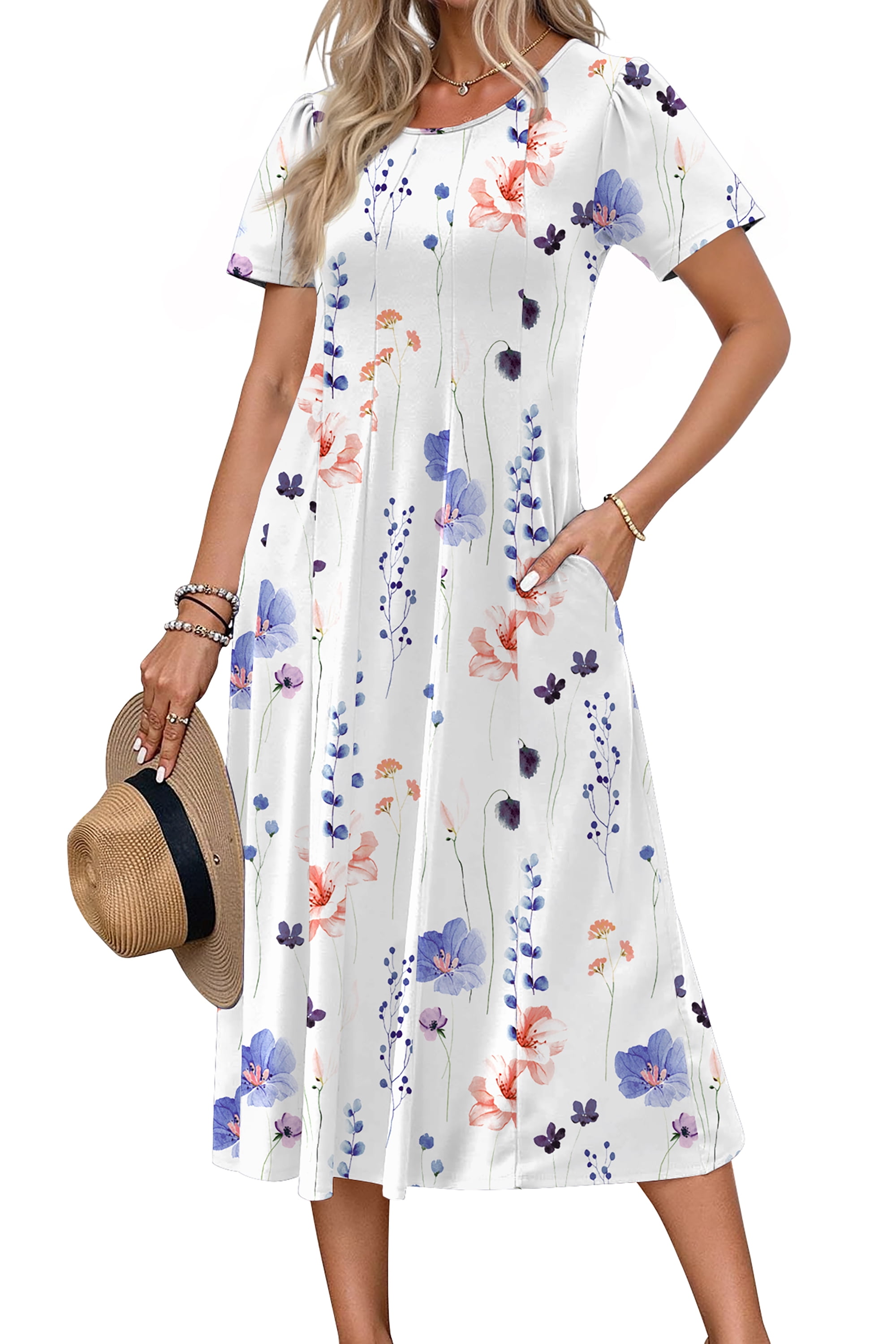 Fantaslook Summer Dresses for Women, Short Sleeve Flowy Floral Midi ...