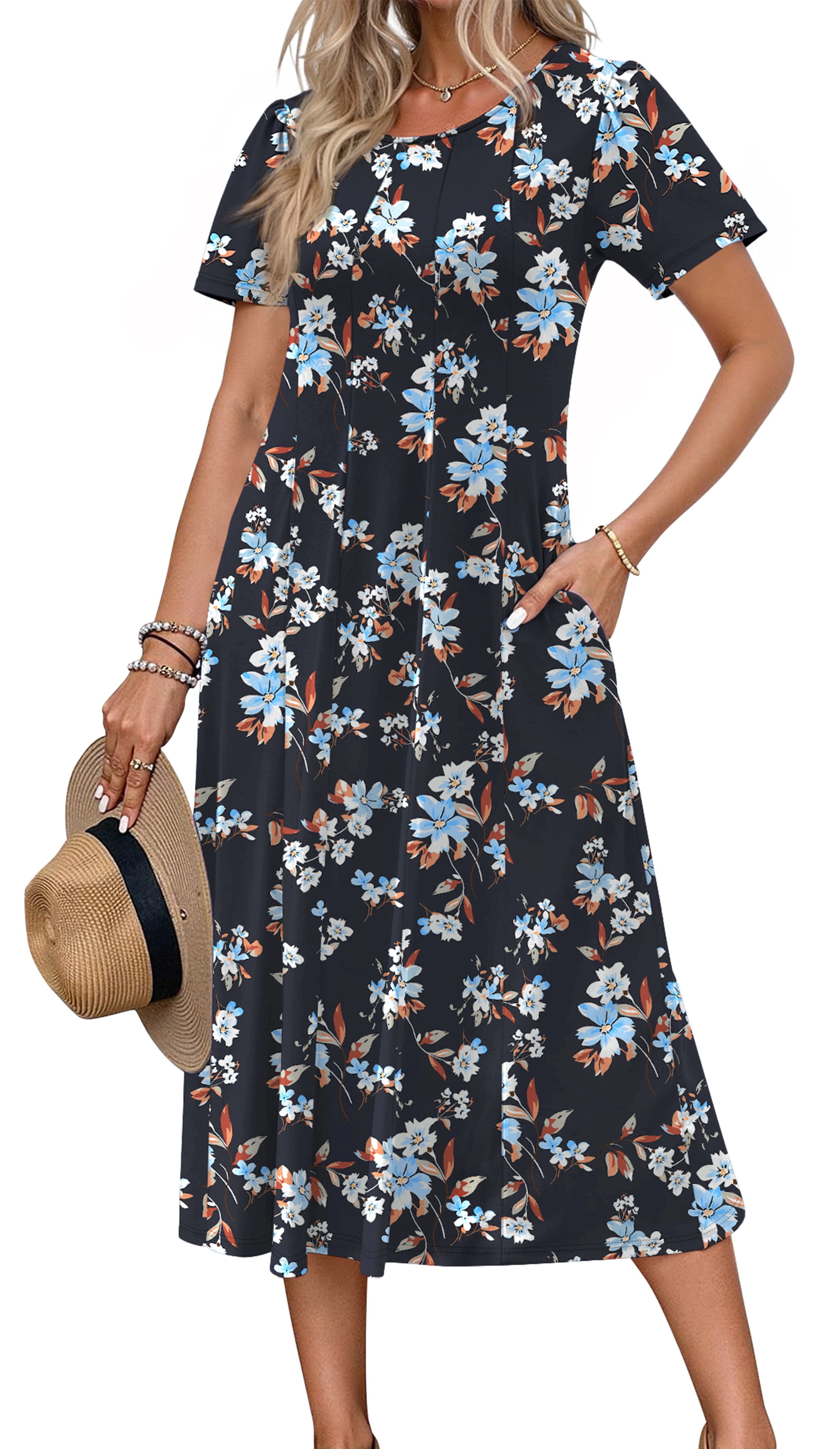 Fantaslook Summer Dresses for Women Casual Short Sleeve Pleated Dress ...