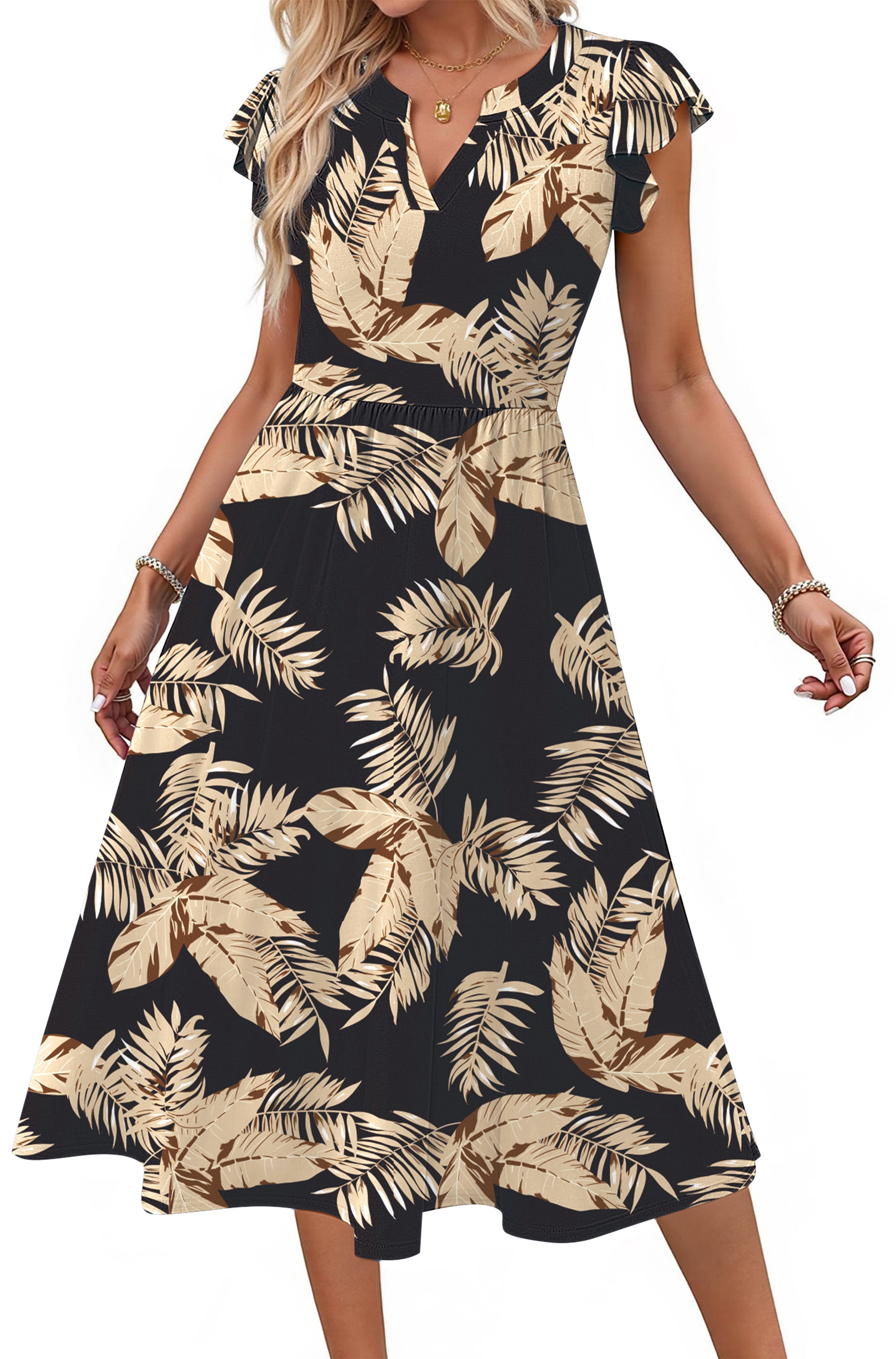 Fantaslook Summer Dresses for Women Ruffle Sleeve V Neck Midi Dresses ...