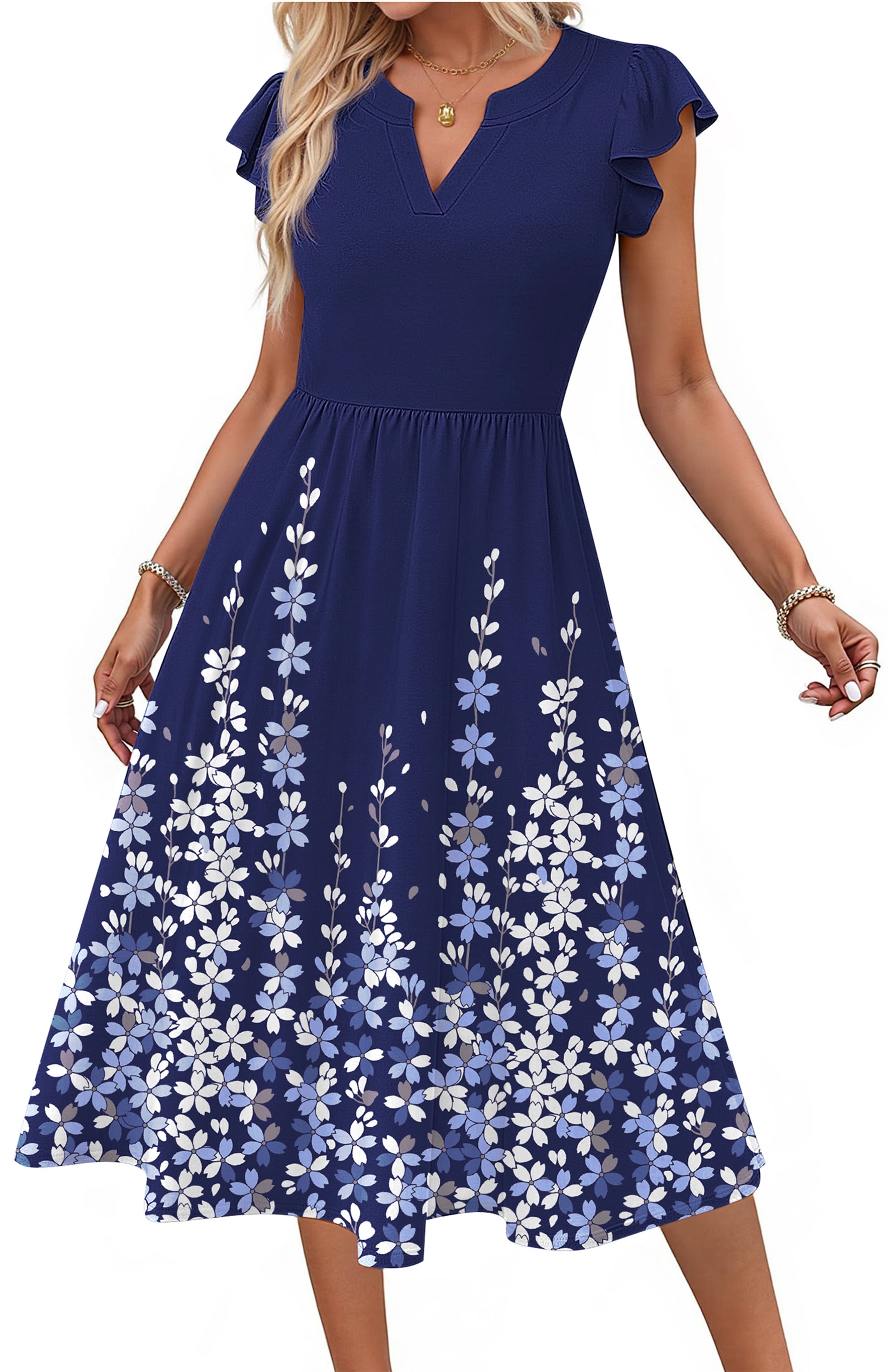 Fantaslook Summer Dresses for Women Ruffle Sleeve V Neck Midi Dresses ...