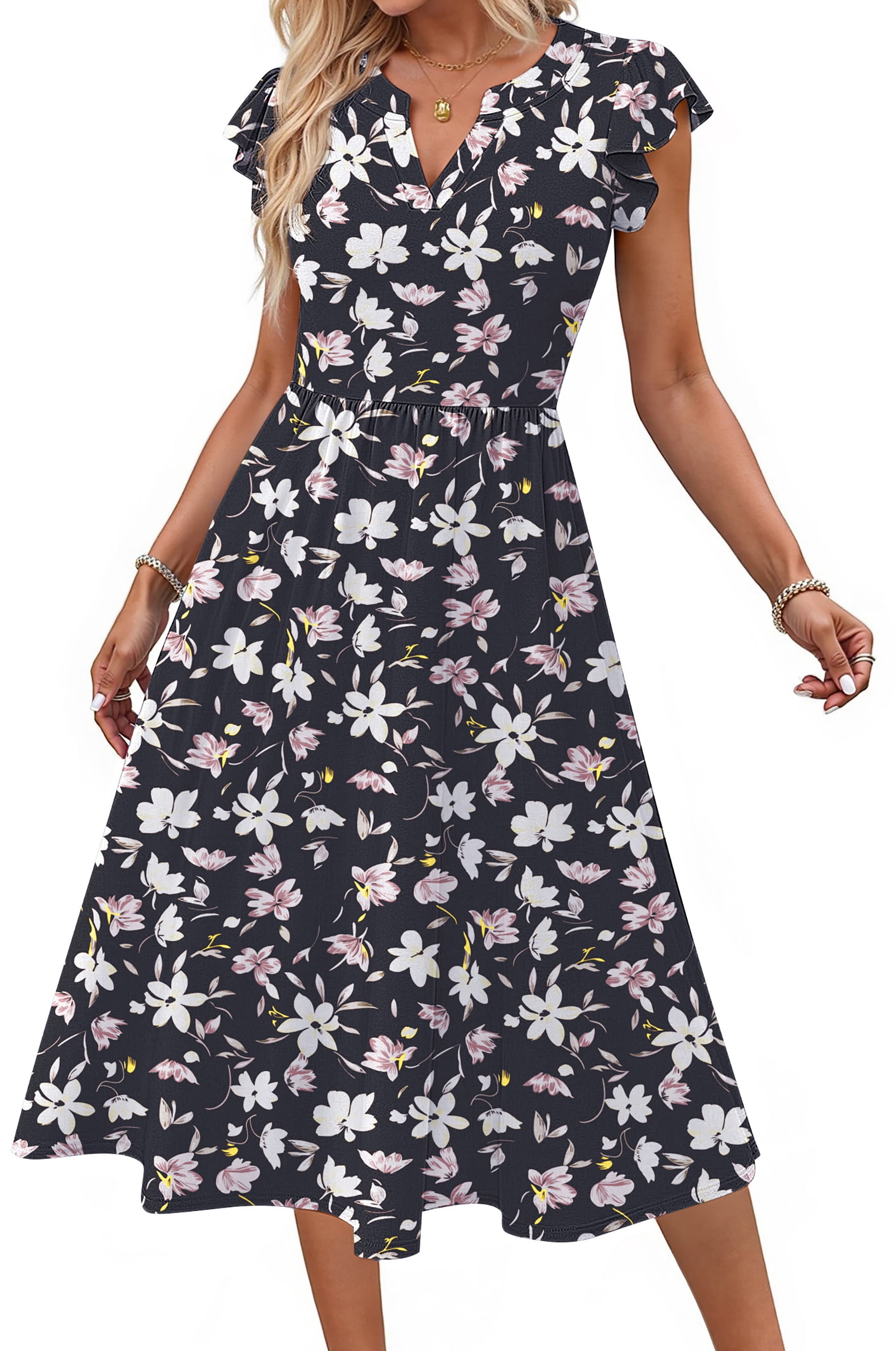 Fantaslook Summer Dresses for Women Ruffle Sleeve V Neck Midi Dresses ...