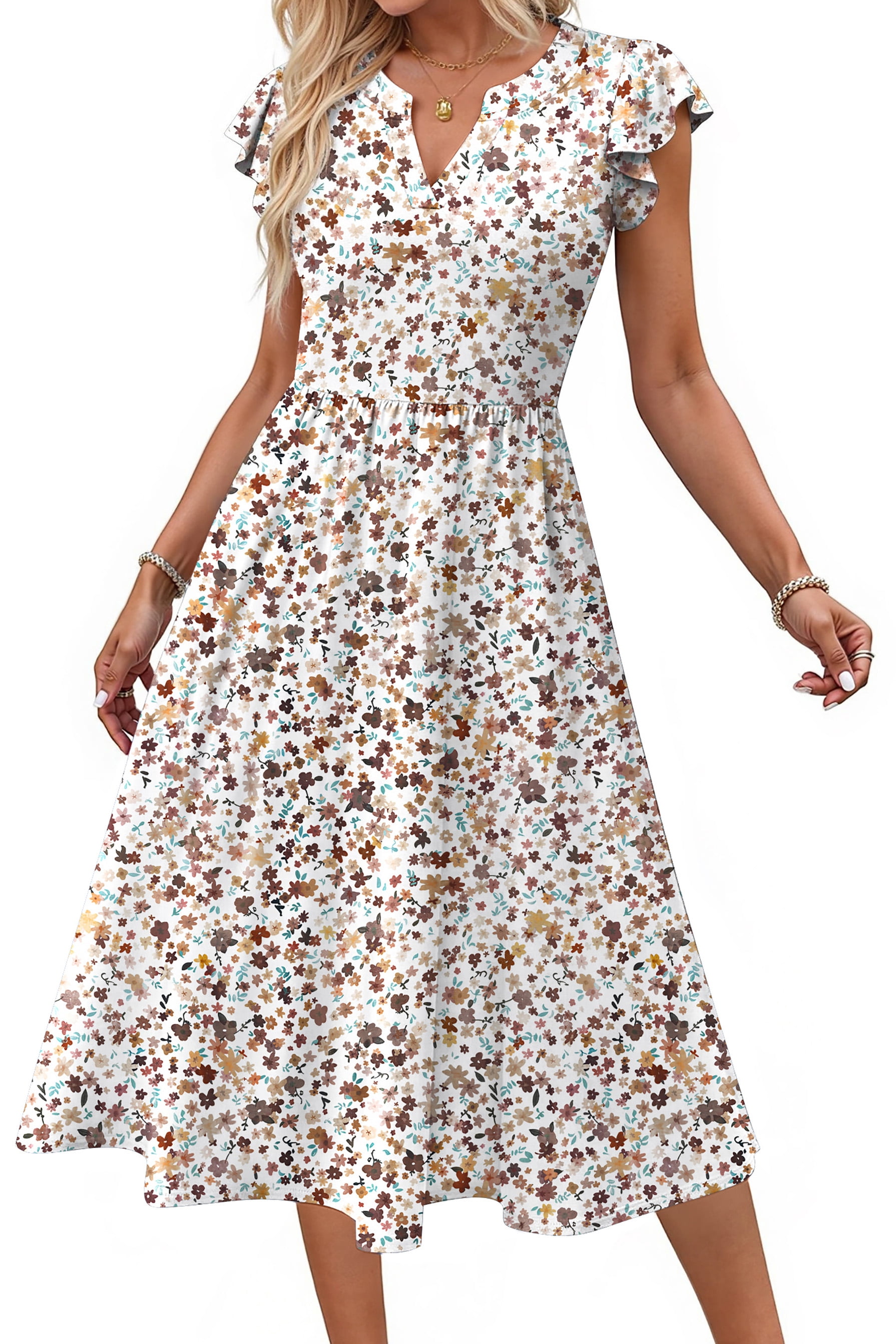 Fantaslook Summer Dresses for Women Ruffle Sleeve V Neck Midi Dresses ...