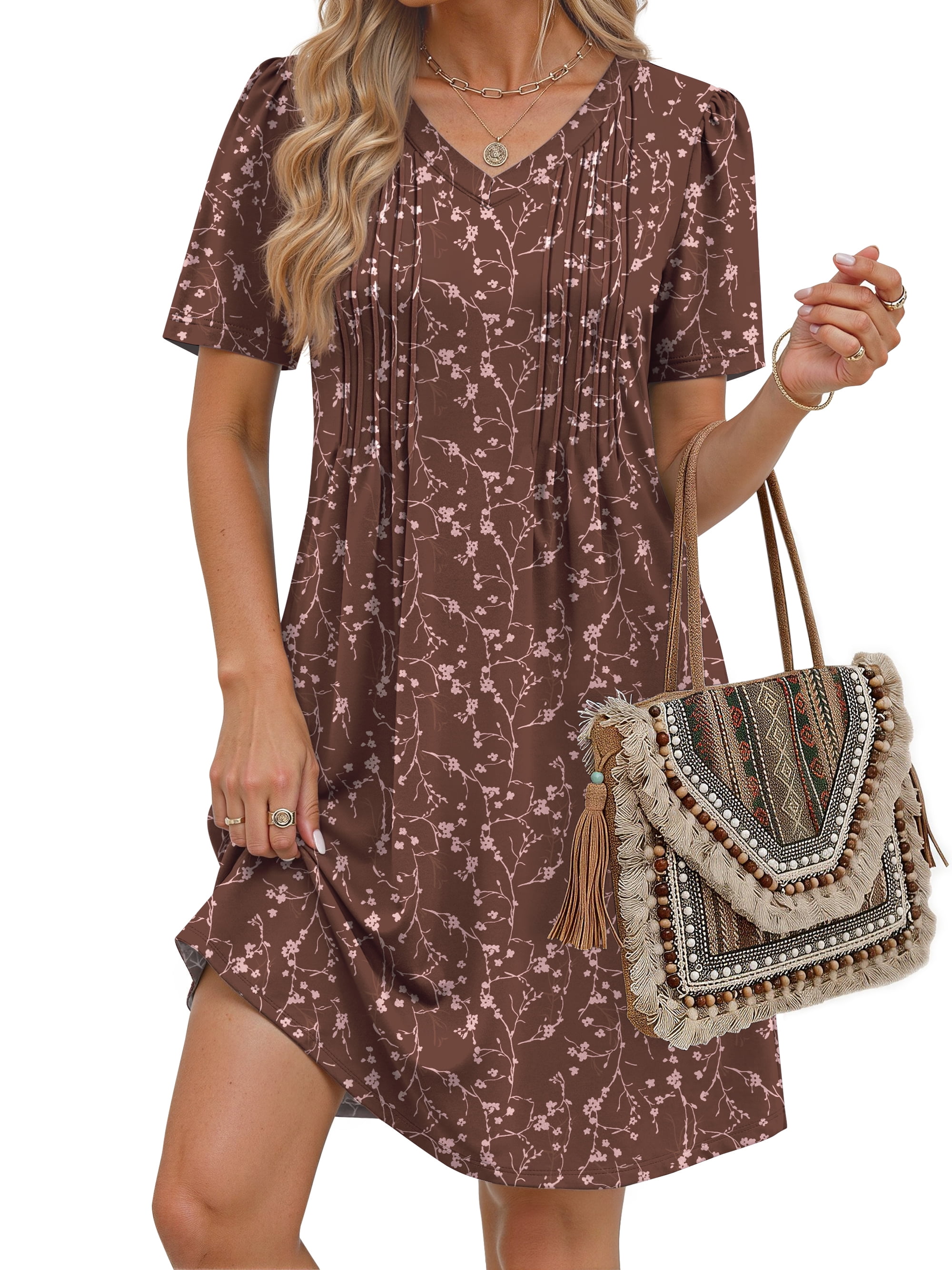 Fantaslook Summer Dresses for Women Short Sleeve Pleated V Neck Dress A ...