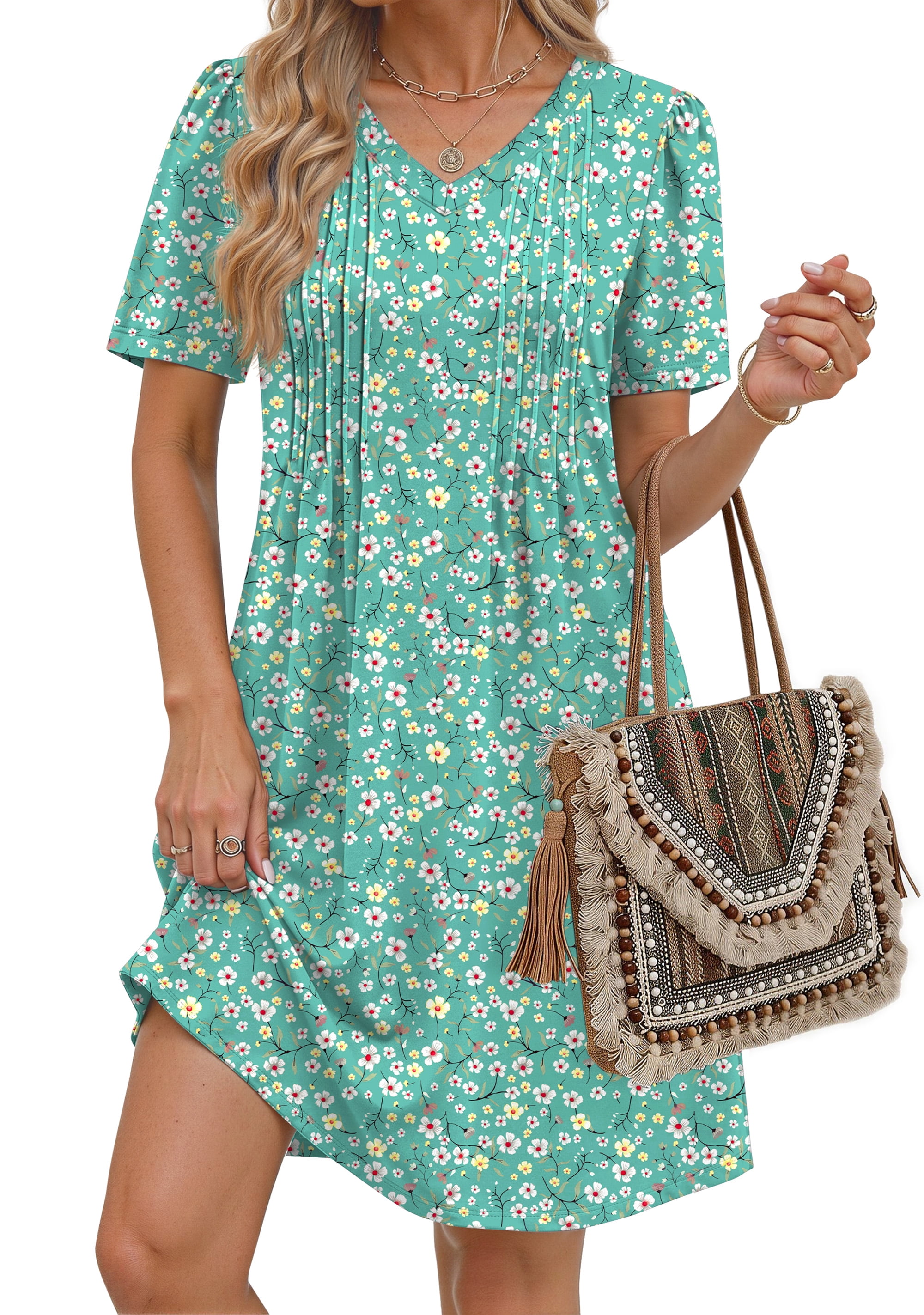 Fantaslook Summer Dresses for Women Short Sleeve Pleated V Neck Dress A ...