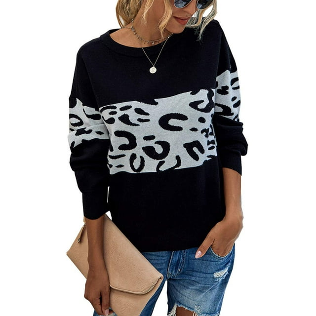 Fantaslook Long Sleeve Sweaters for Women, Casual Knitted Leopard Print ...