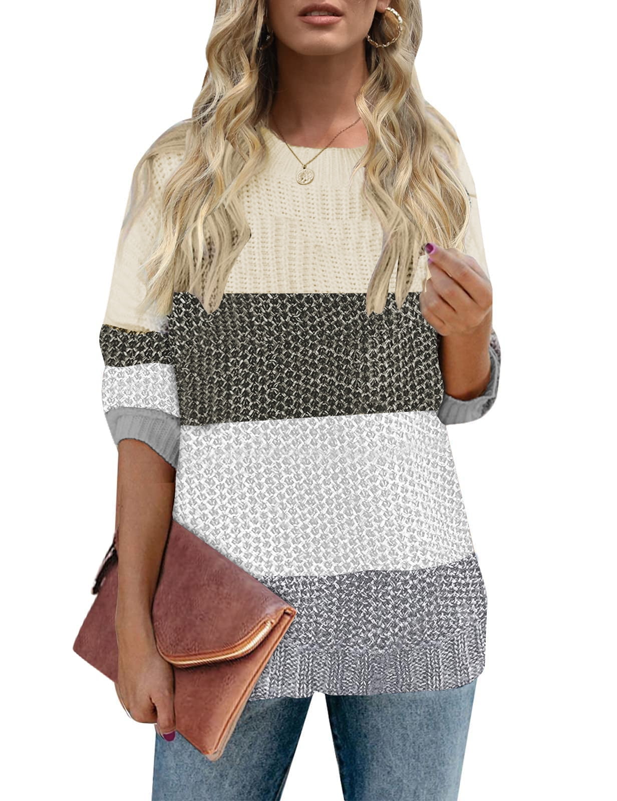 Fantaslook Sweaters for Women Color Block Crewneck Knit Pullover ...
