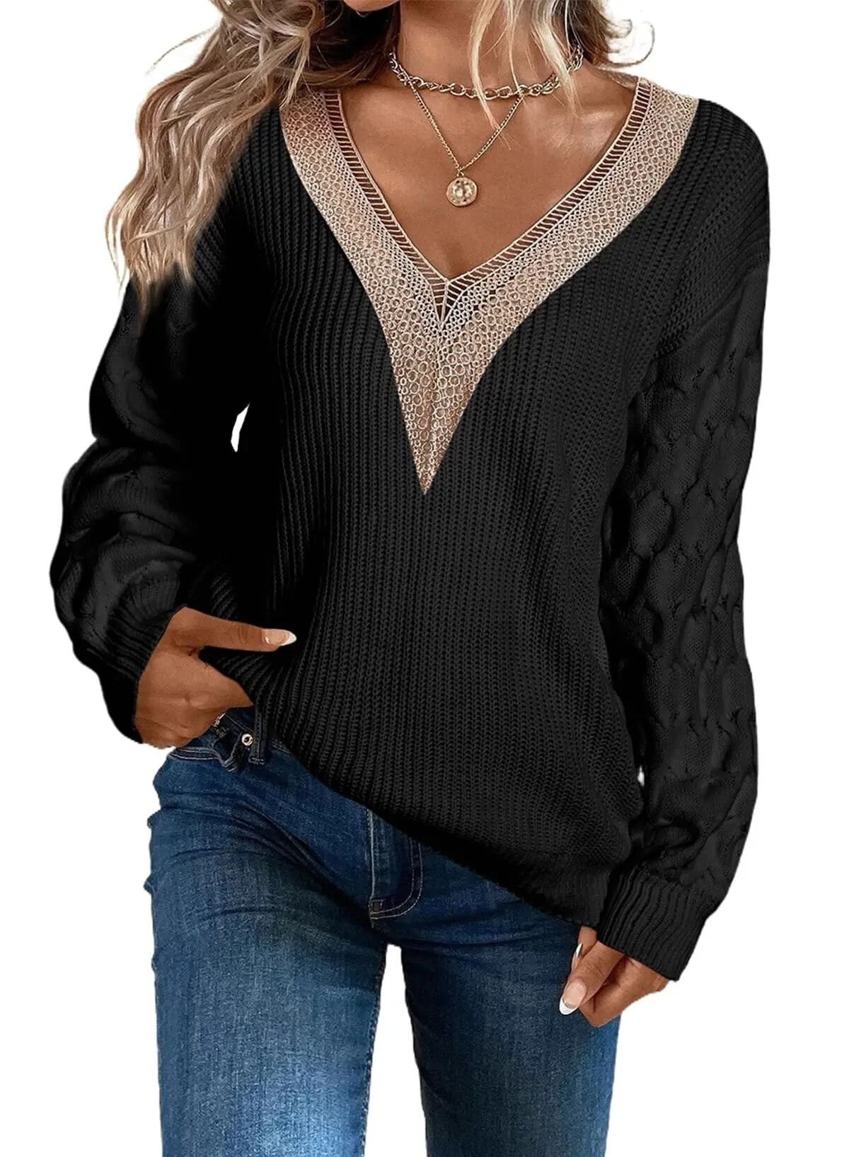 Fantaslook Sweaters for Women Lace V Neck Tops Knit Pullover Jumper ...