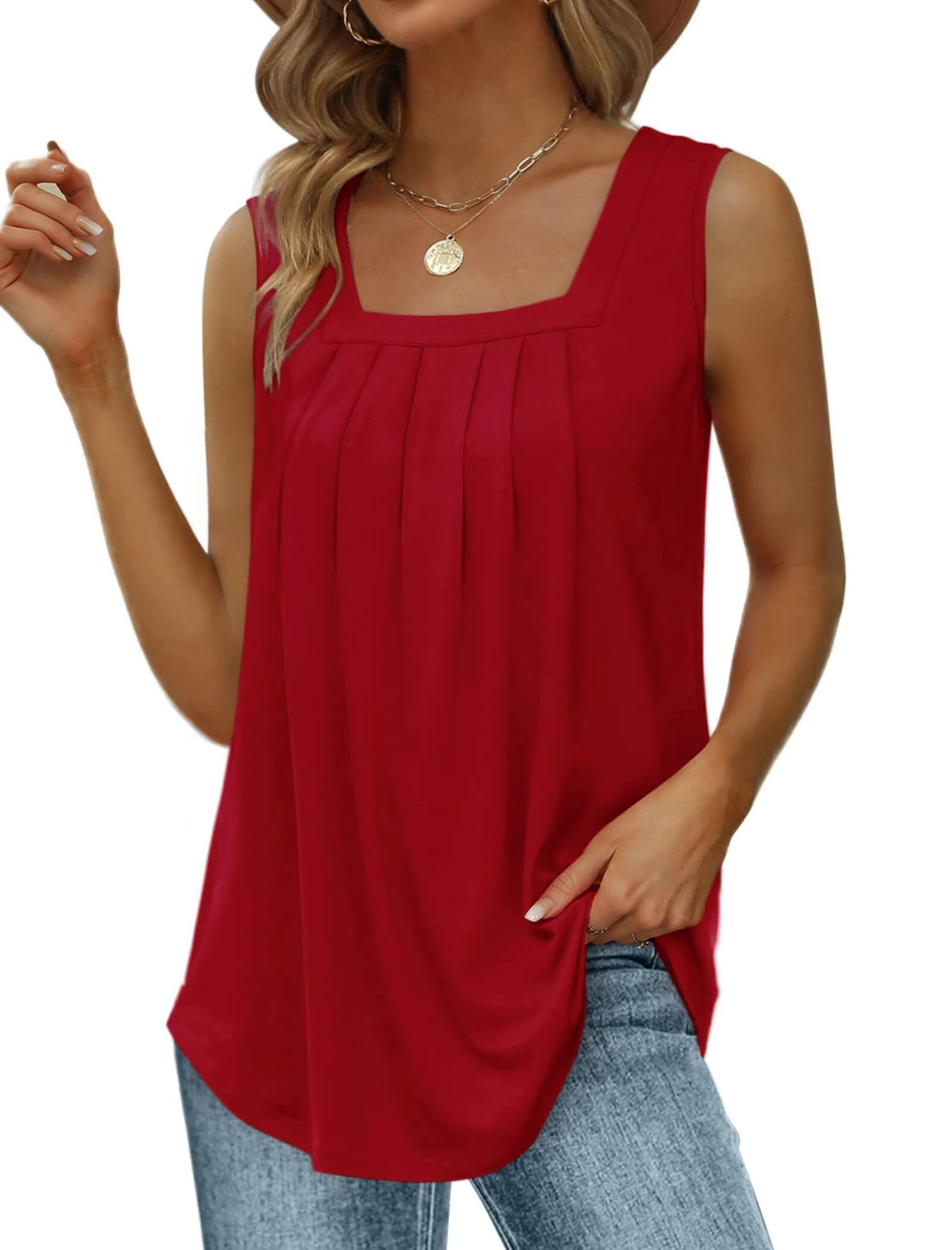 Fantaslook Womens Summer Tank Tops Pleated Square Neck Sleeveless Flowy Shirts With Curved Hem