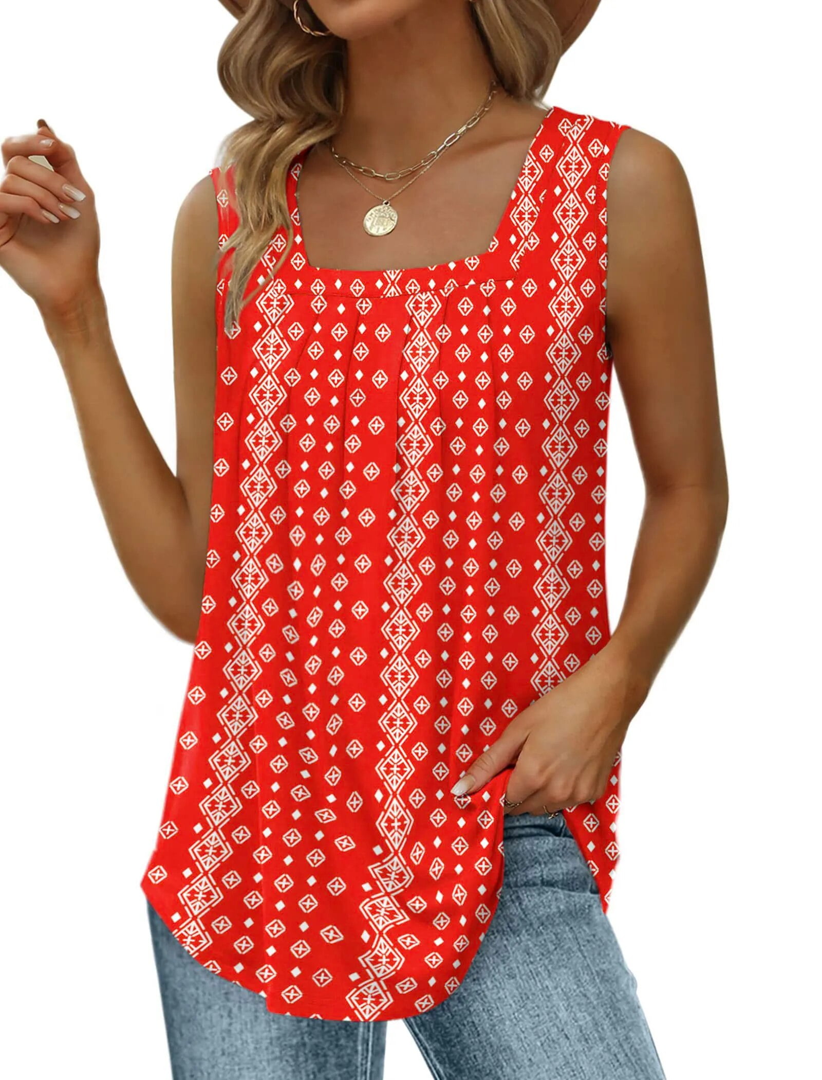 Fantaslook Tank Tops for Women Pleated Square Neck Sleeveless Summer ...