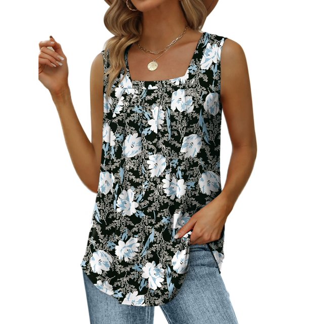 Fantaslook Womens Summer Tank Tops Pleated Square Neck Sleeveless