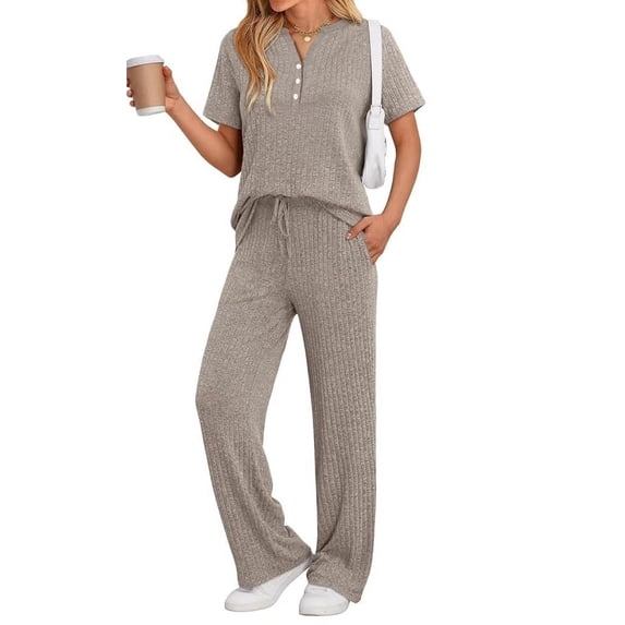 Fantaslook Two Piece Lounge Sets for Women Summer Outfits Henley V Neck ...