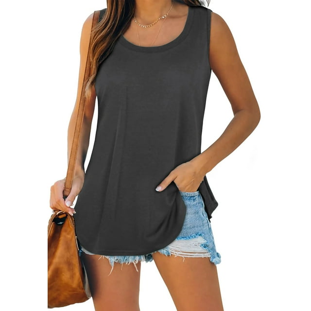Fantaslook U Neck Tank Top for Women Sleeveless Split Curved Hem Tunic ...