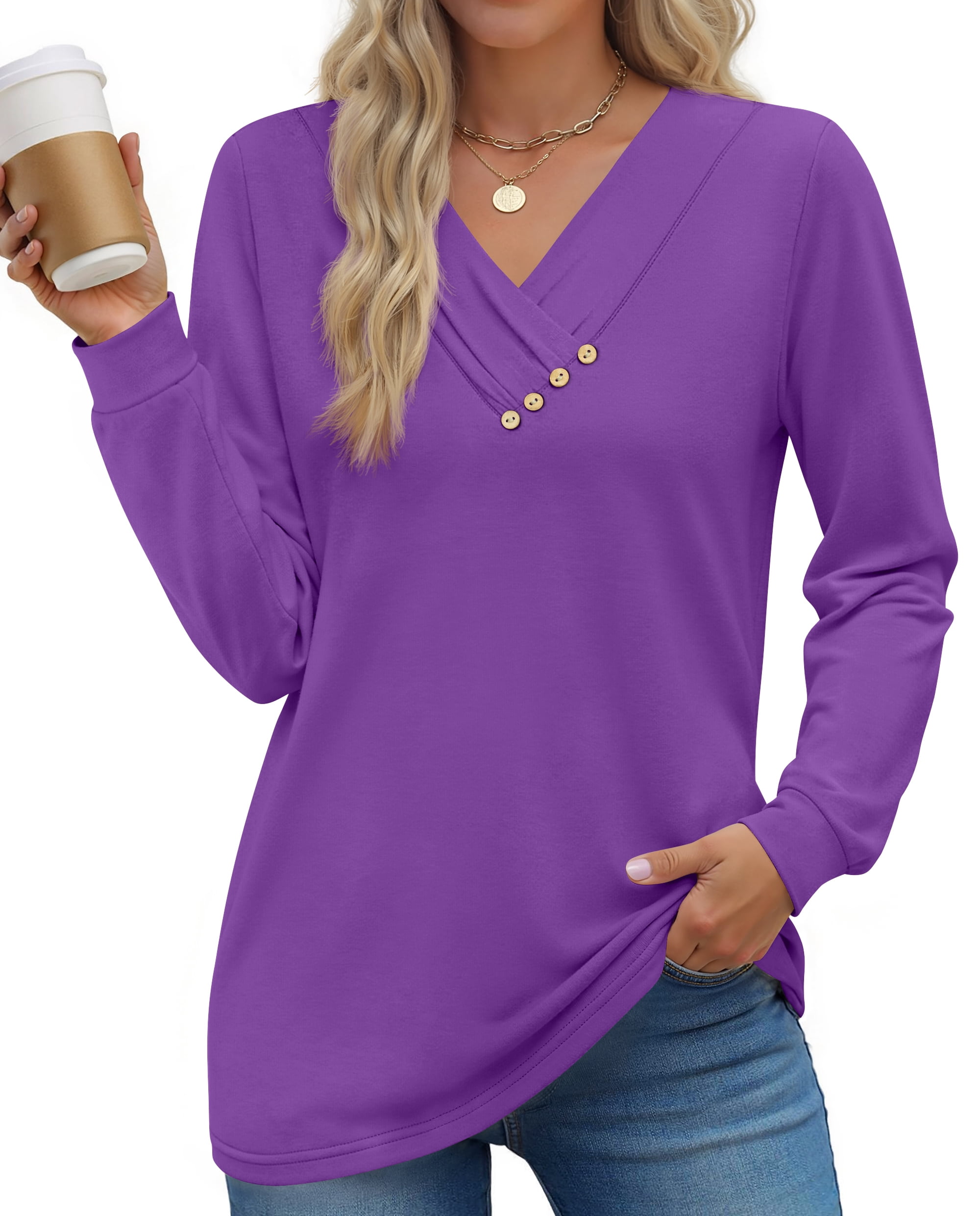 Fantaslook V Neck Blouses for Women Dressy Casual Tops Button Long ...