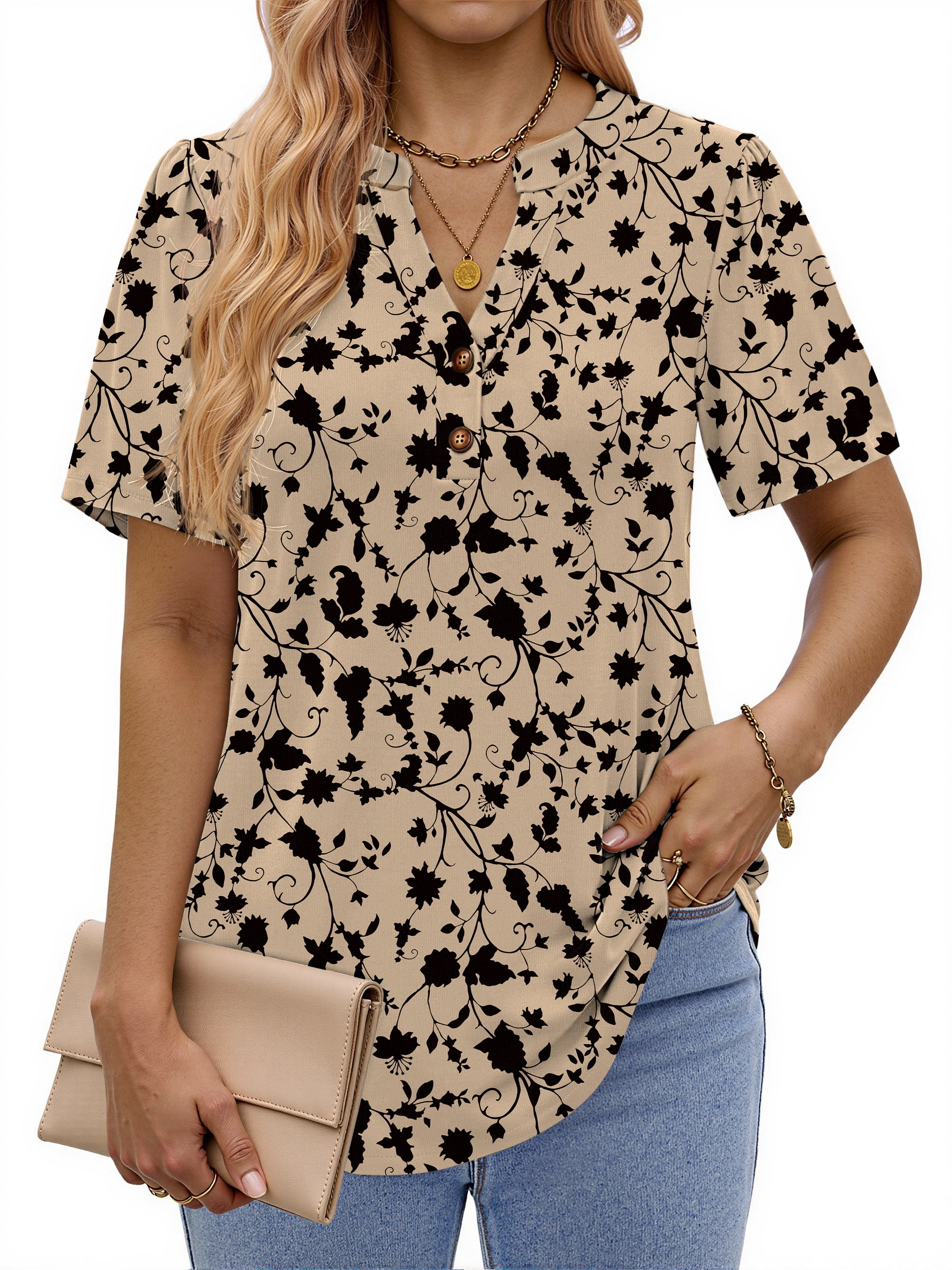 Fantaslook V Neck Henley Blouses for Women Dressy Casual Tops Summer ...