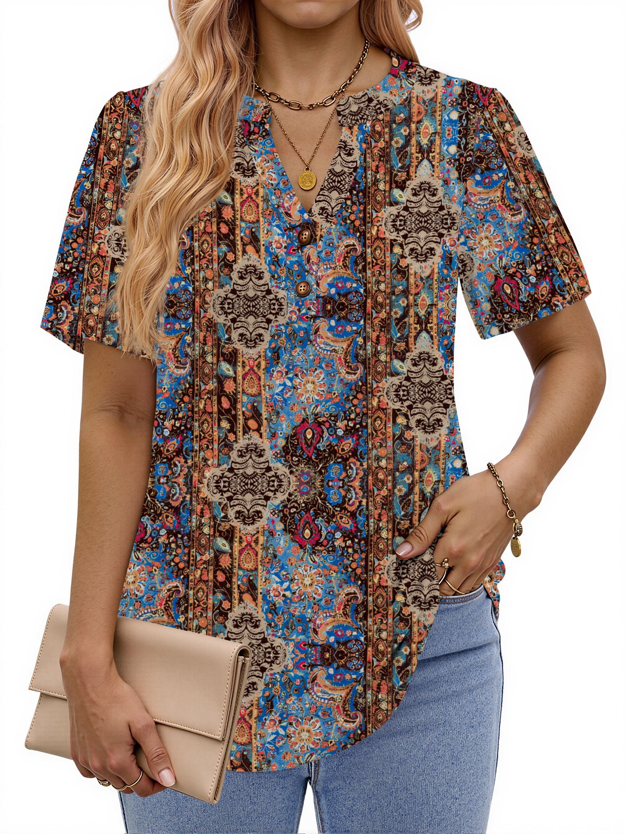 Fantaslook V Neck Henley Blouses for Women Dressy Casual Tops Summer ...