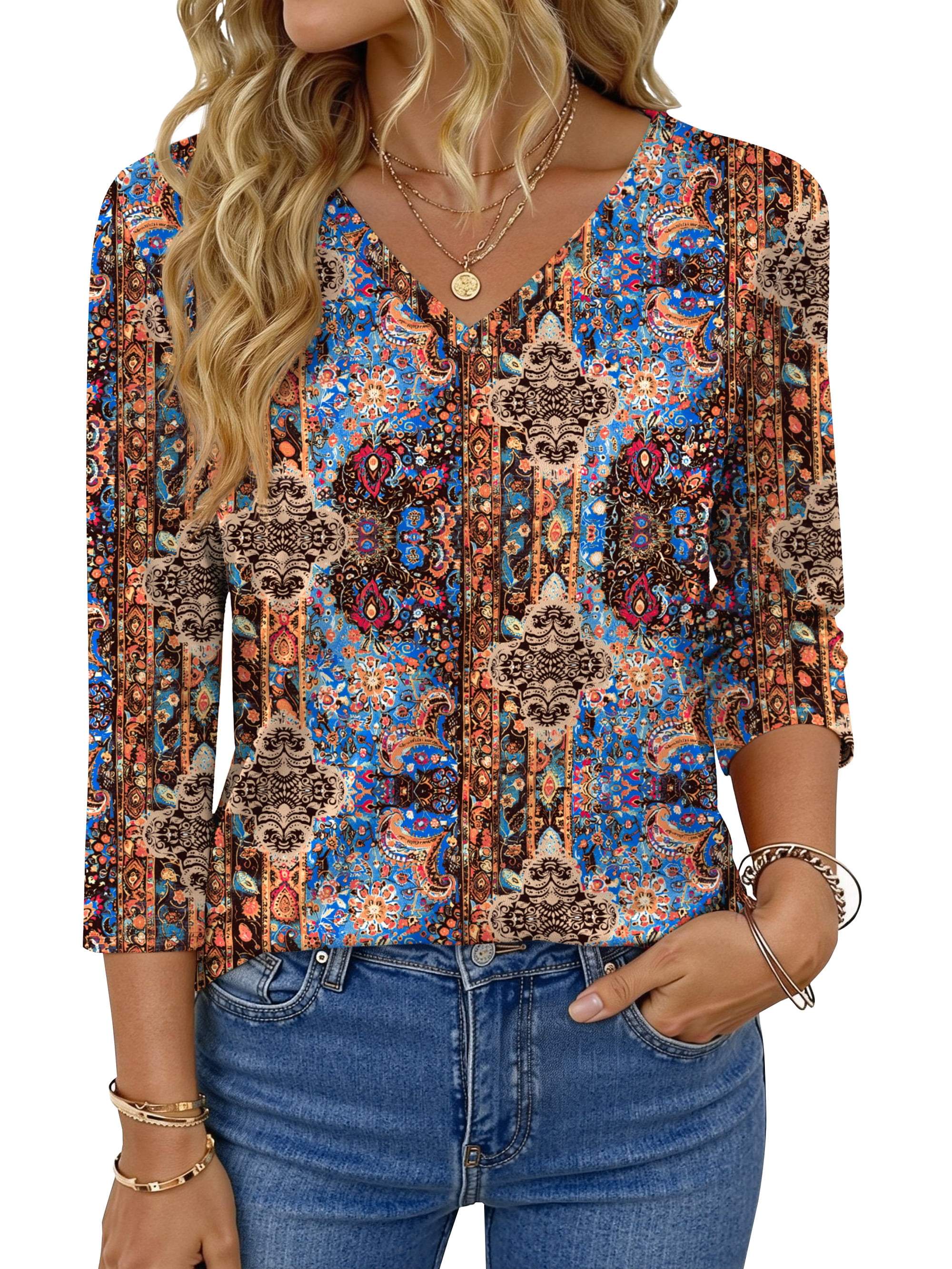 Fantaslook V Neck T Shirts for Women 3/4 Sleeve Tunic Tops Dressy ...