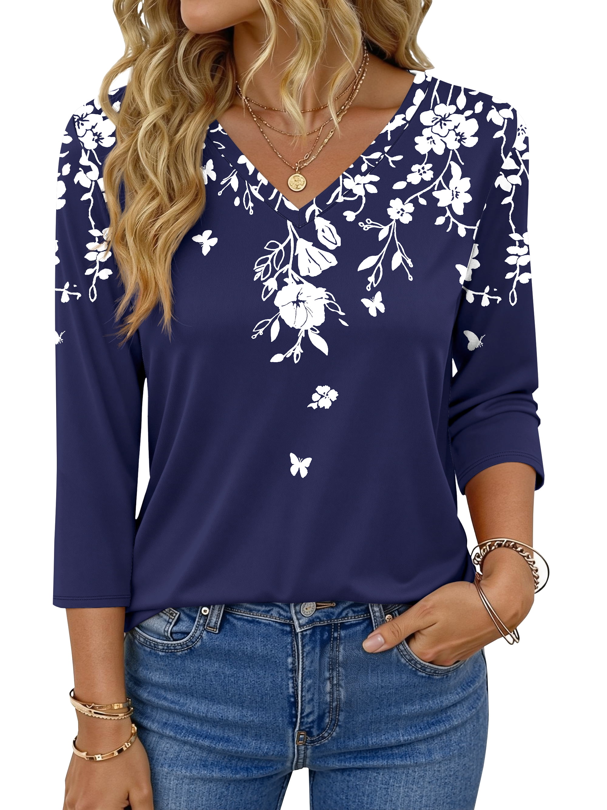Fantaslook V Neck T Shirts for Women 3/4 Sleeve Tunic Tops Dressy ...