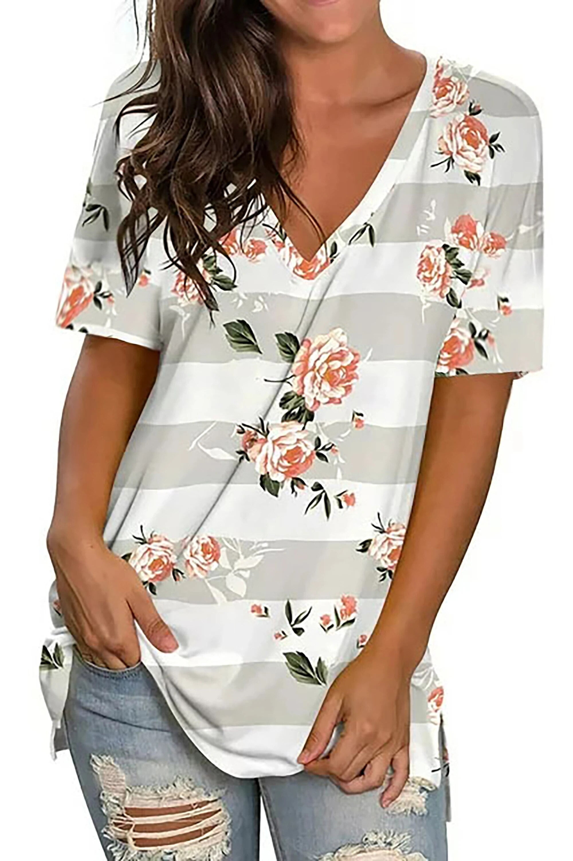 Fantaslook Women's V Neck Floral Print, Summer Casual Tunic Tops with ...