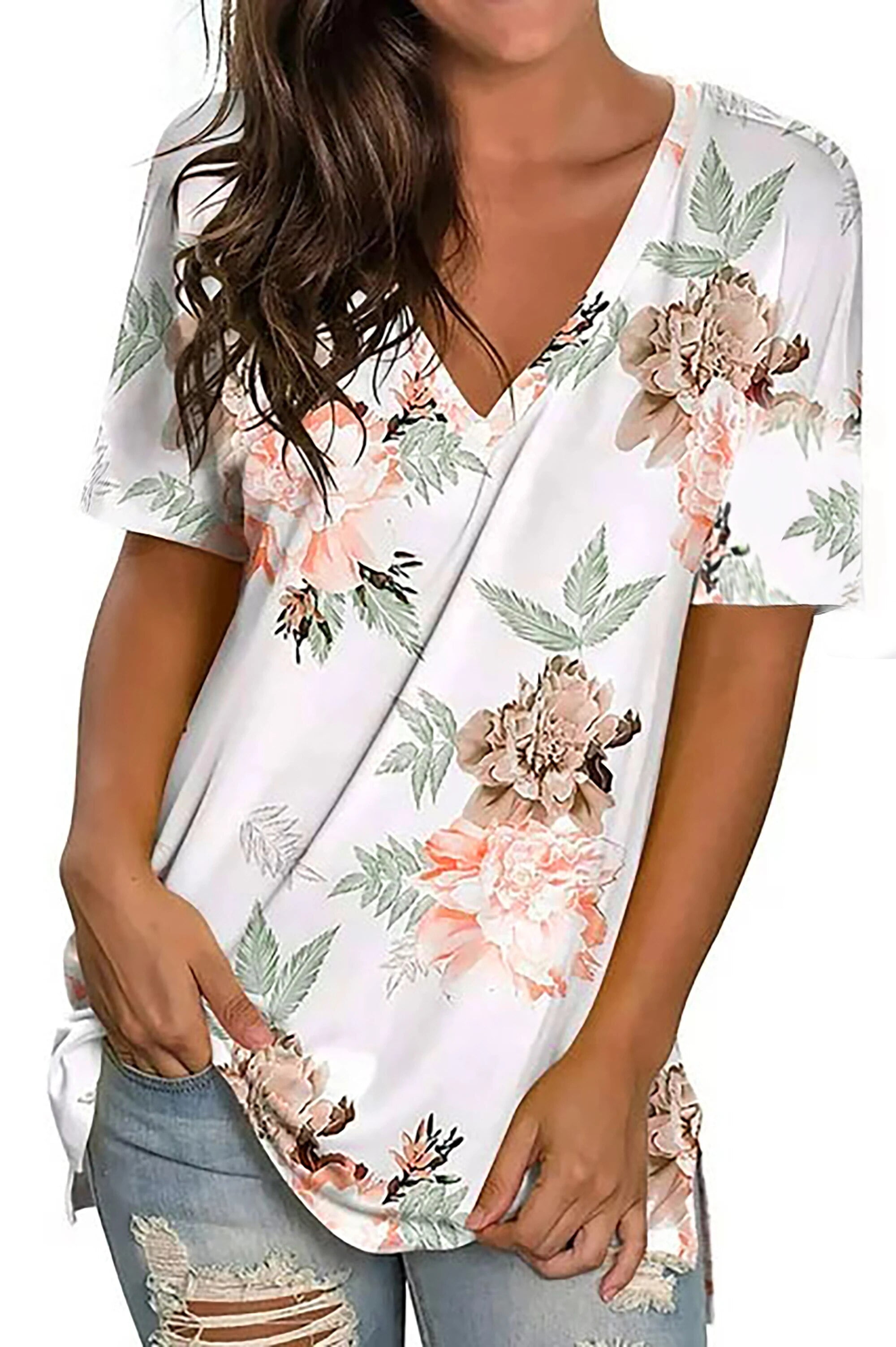 Fantaslook Women's V Neck Summer Tops, Floral Printed Tunic, Short ...